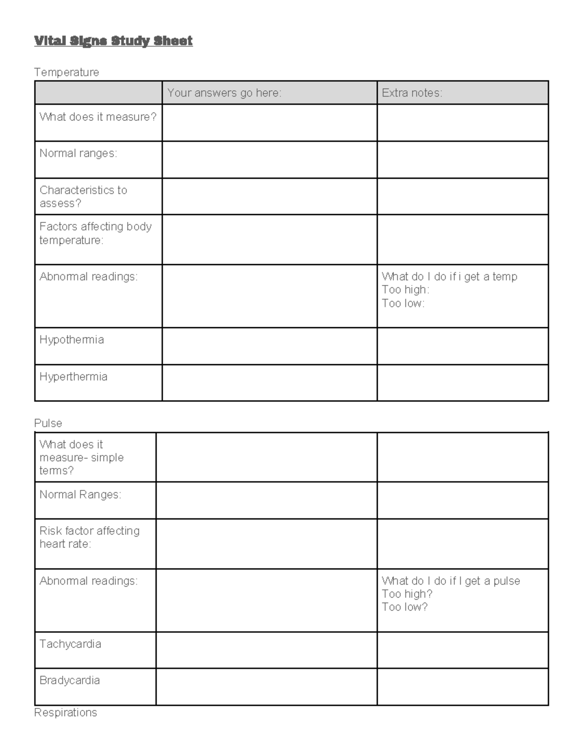 Vital Signs Study Sheet - Vital Signs Study Sheet Temperature Your ...