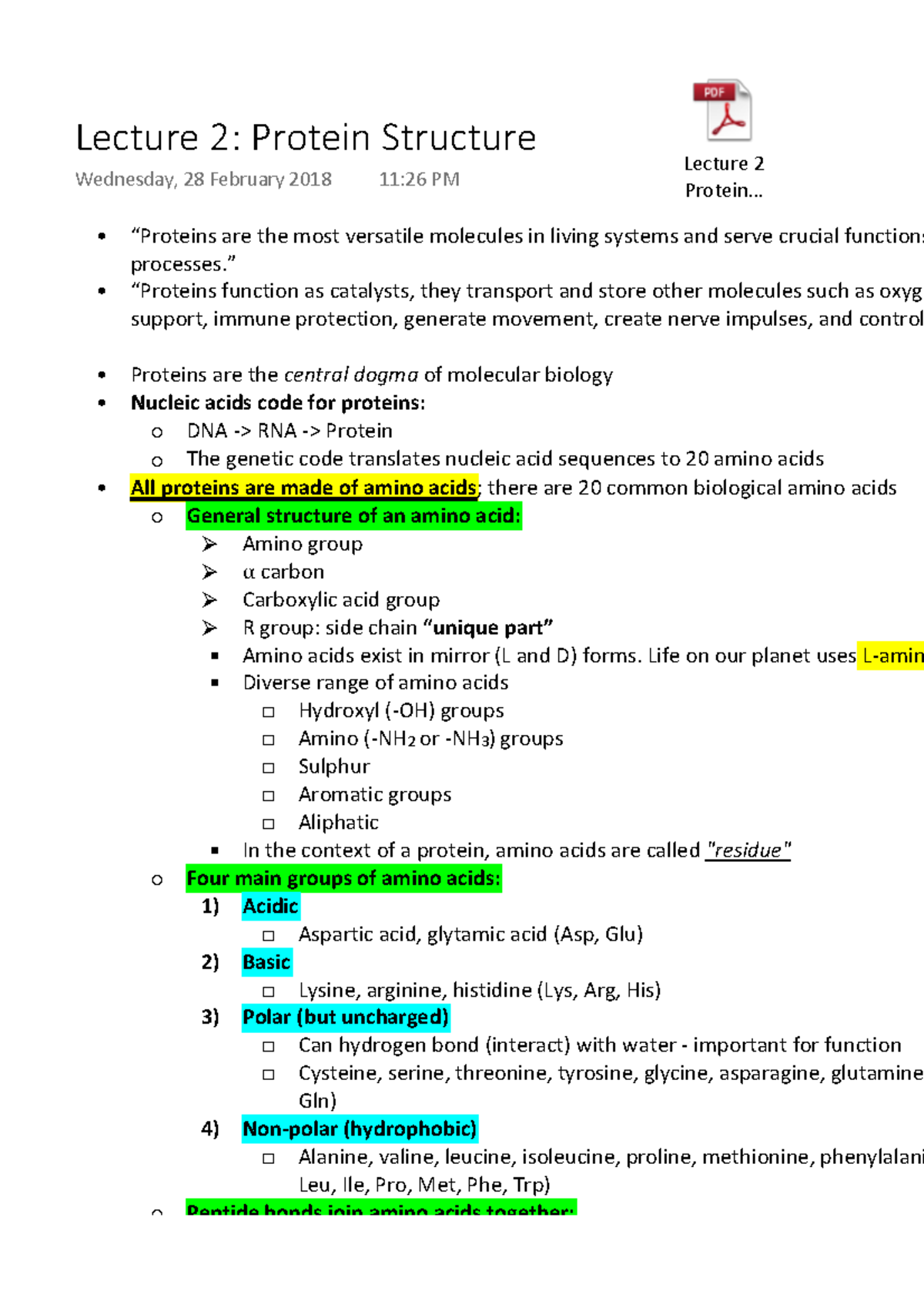 Lecture 2 Protein Structure - Lecture 2: Protein Structure Wednesday ...