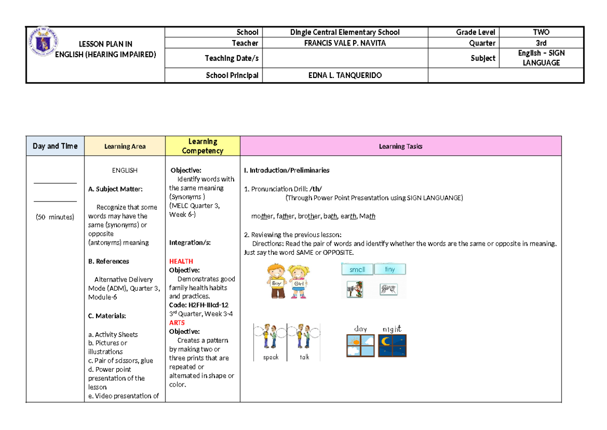 CO-3RD- Quarter - LESSON PLAN IN ENGLISH (HEARING IMPAIRED) School ...
