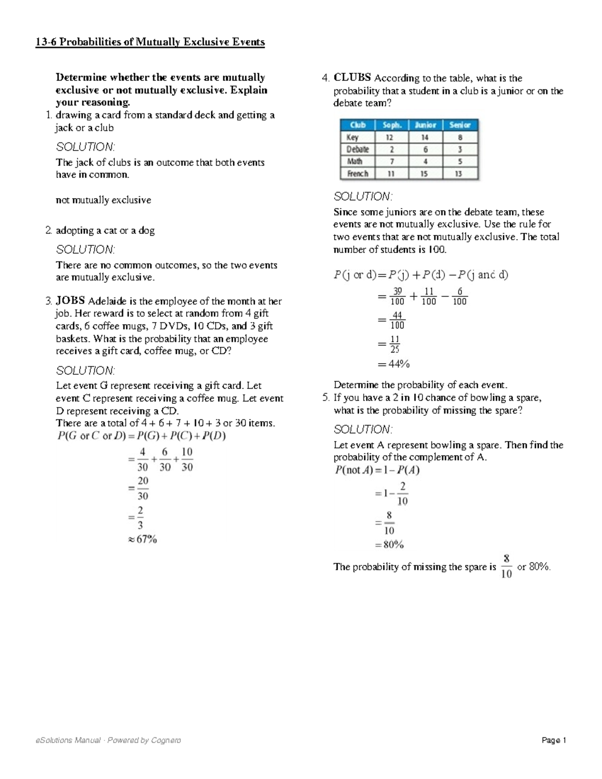 13-6 Probabilities of Mutually Exclusive Events - Determine whether the ...