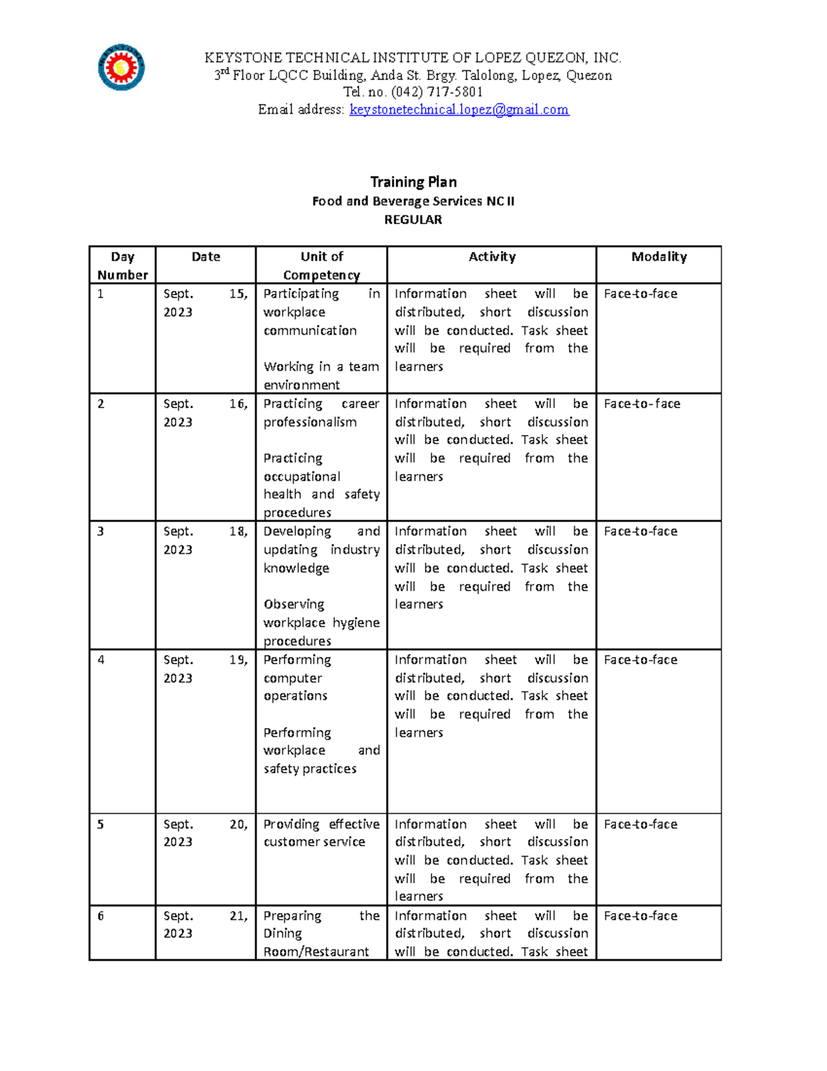 Training plan fbs 45days - 3 rd Floor LQCC Building, Anda St. Brgy ...