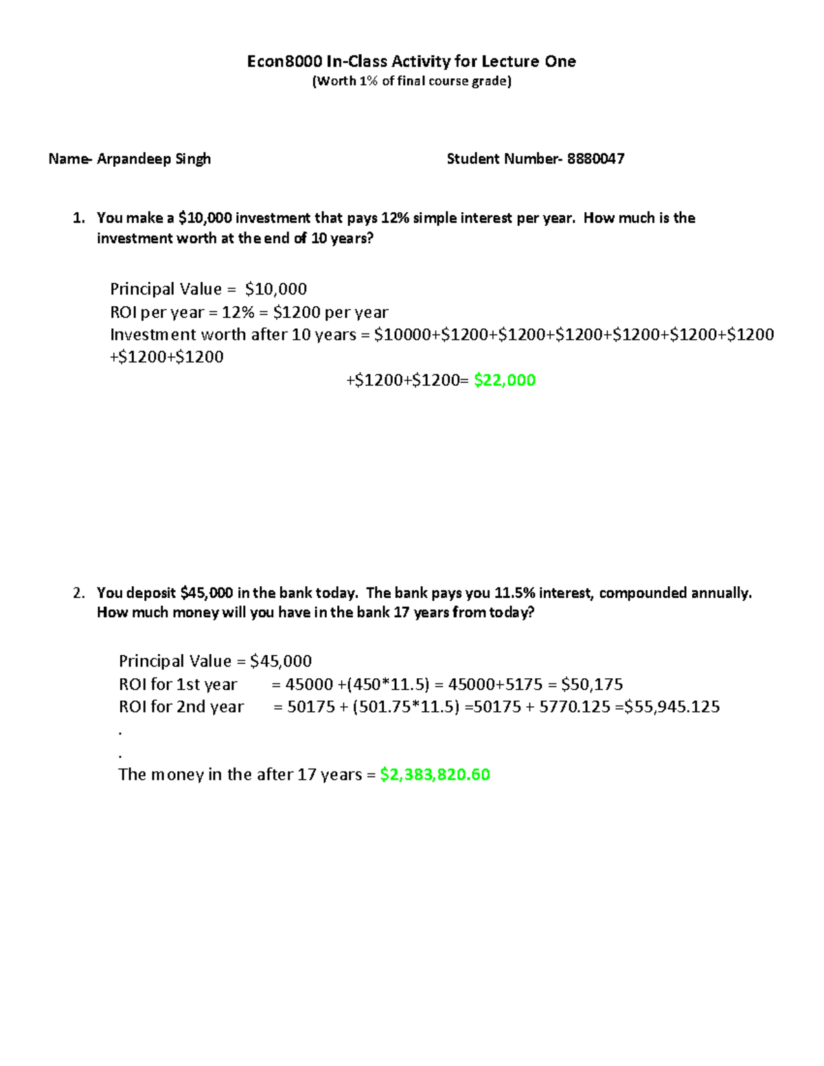 Class Activity - Lecture 1 - Answers - Econ8000 In-Class Activity for Lecture One (Worth 1% of ...
