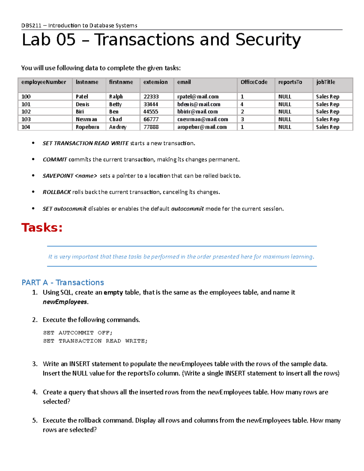 DBS211 Transactions - yyyyy - DBS211 – Introduction to Database Systems Lab 05 – Transactions ...