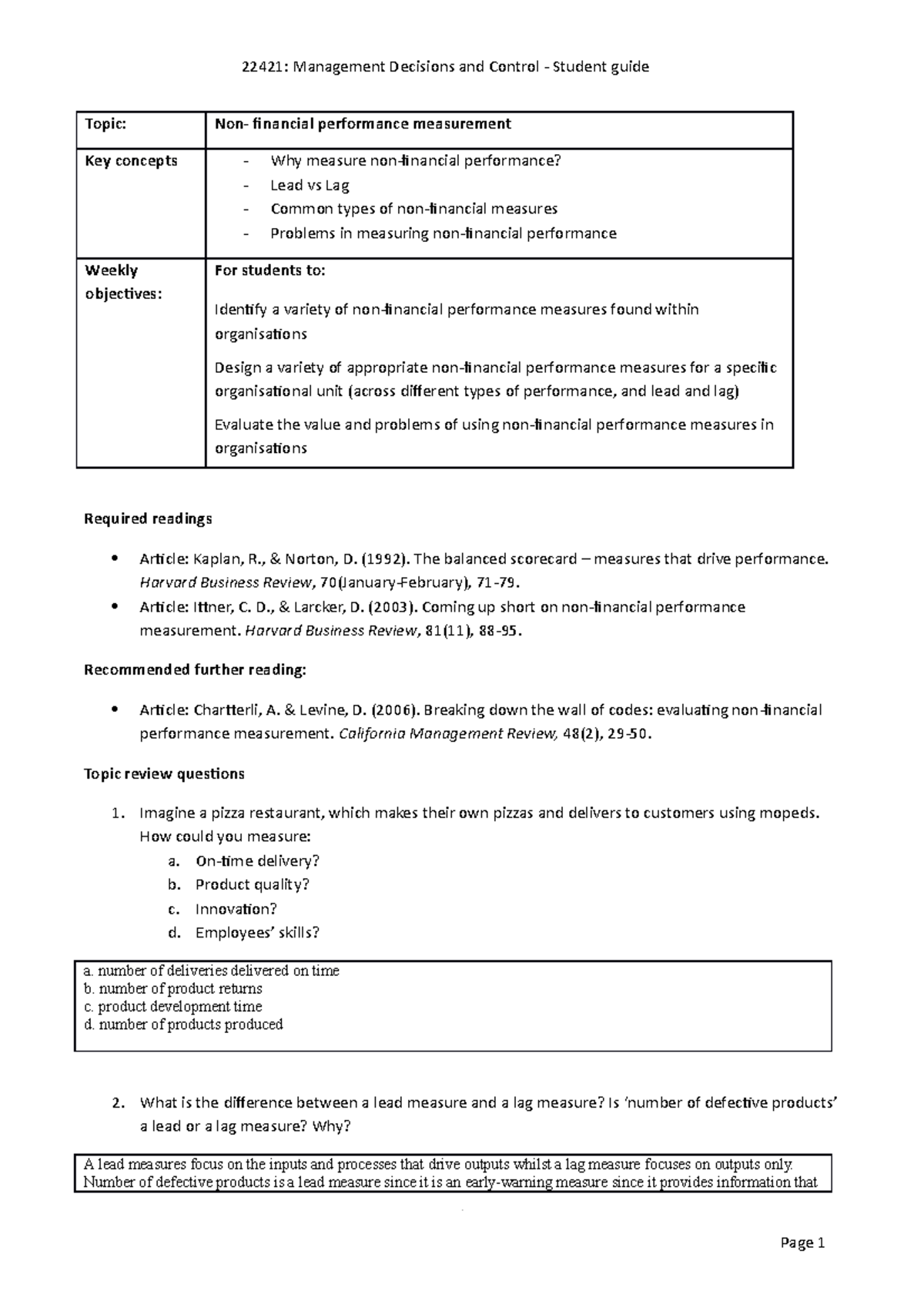 Topic 4 - Non financial performance measurement - 022421 - Studocu