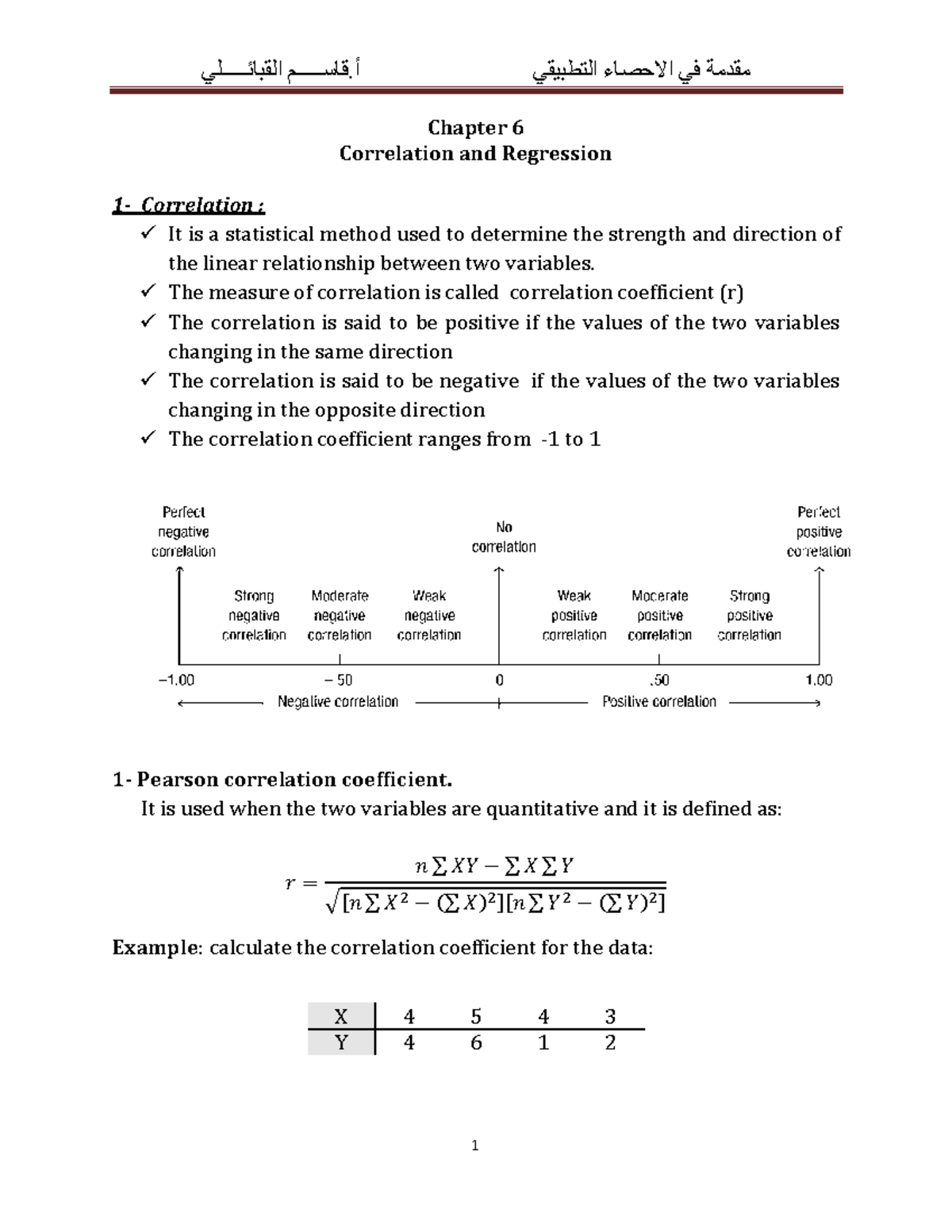 Chapter 6 , kasem alkabaily - Chapter 6 Correlation and Regression 1- Correlation : It is a ...