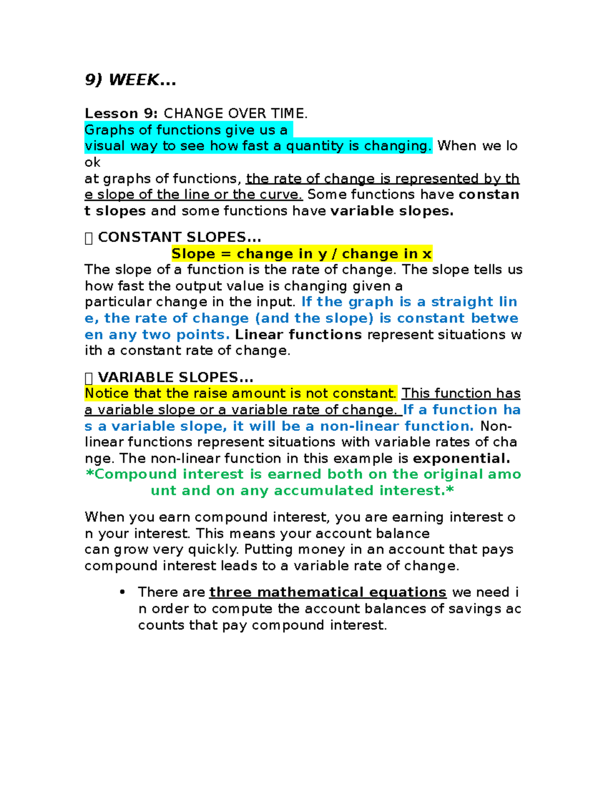 FDMAT108 Week #9 Notes - 9) WEEK... Lesson 9: CHANGE OVER TIME. Graphs ...