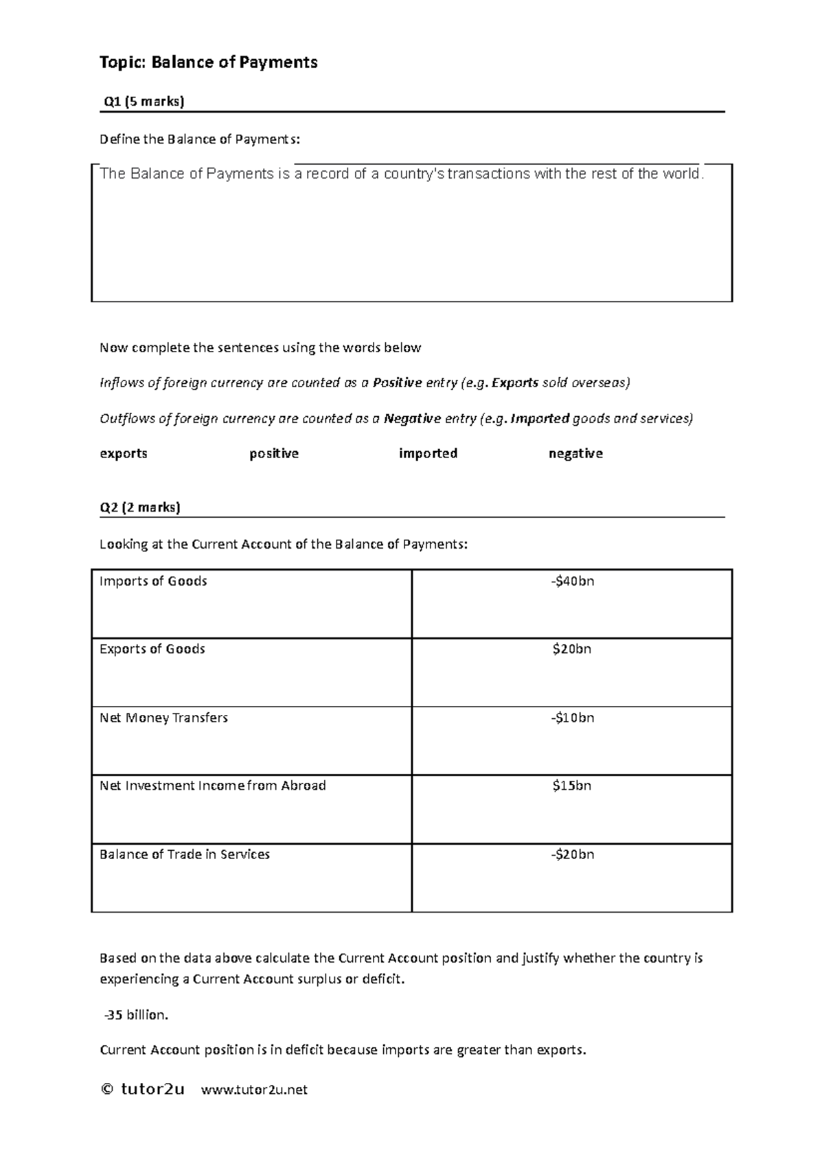 Balance of Payments - Now complete the sentences using the words below ...