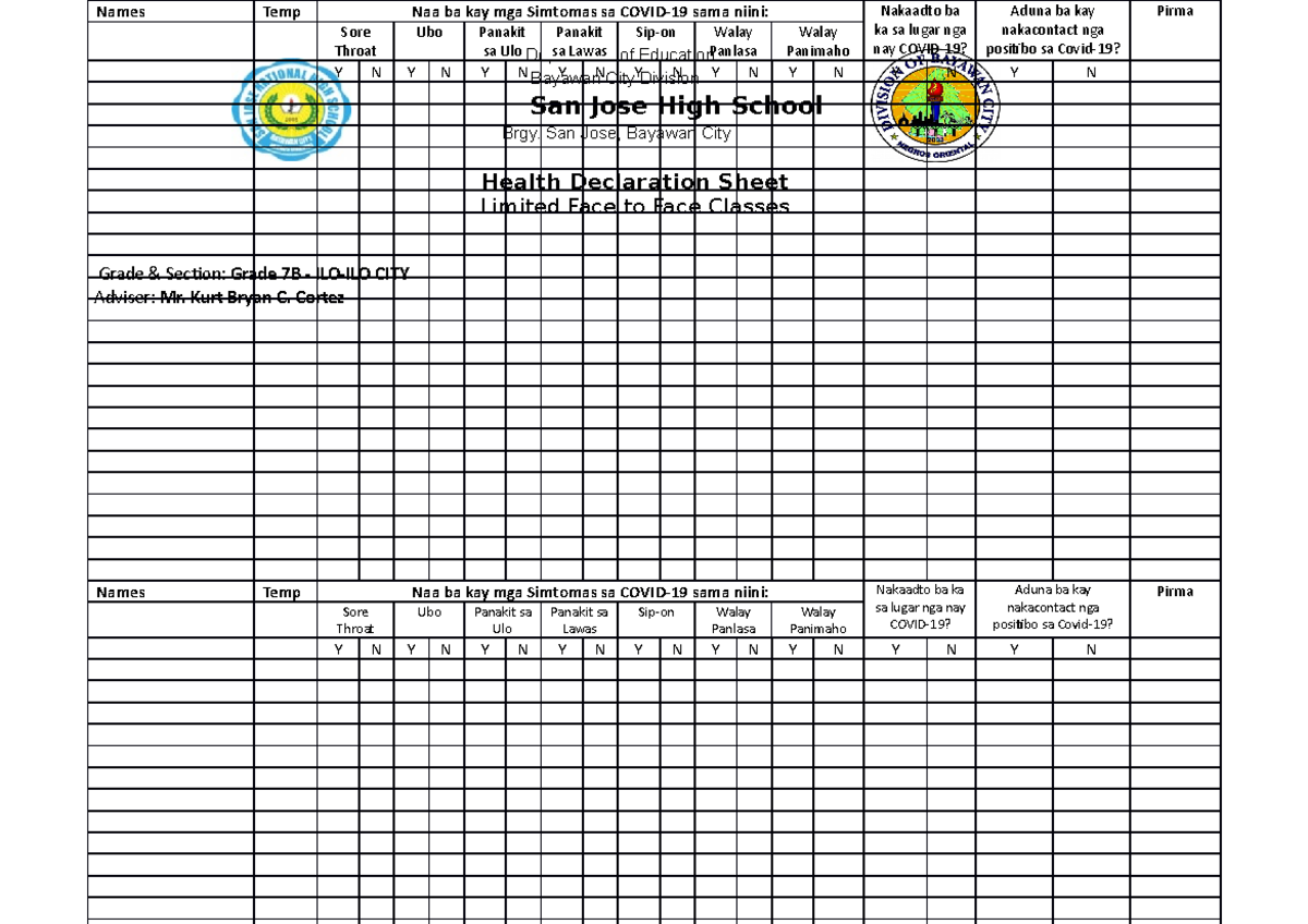 Health Declaration Sheet - Department of Education Bayawan City ...