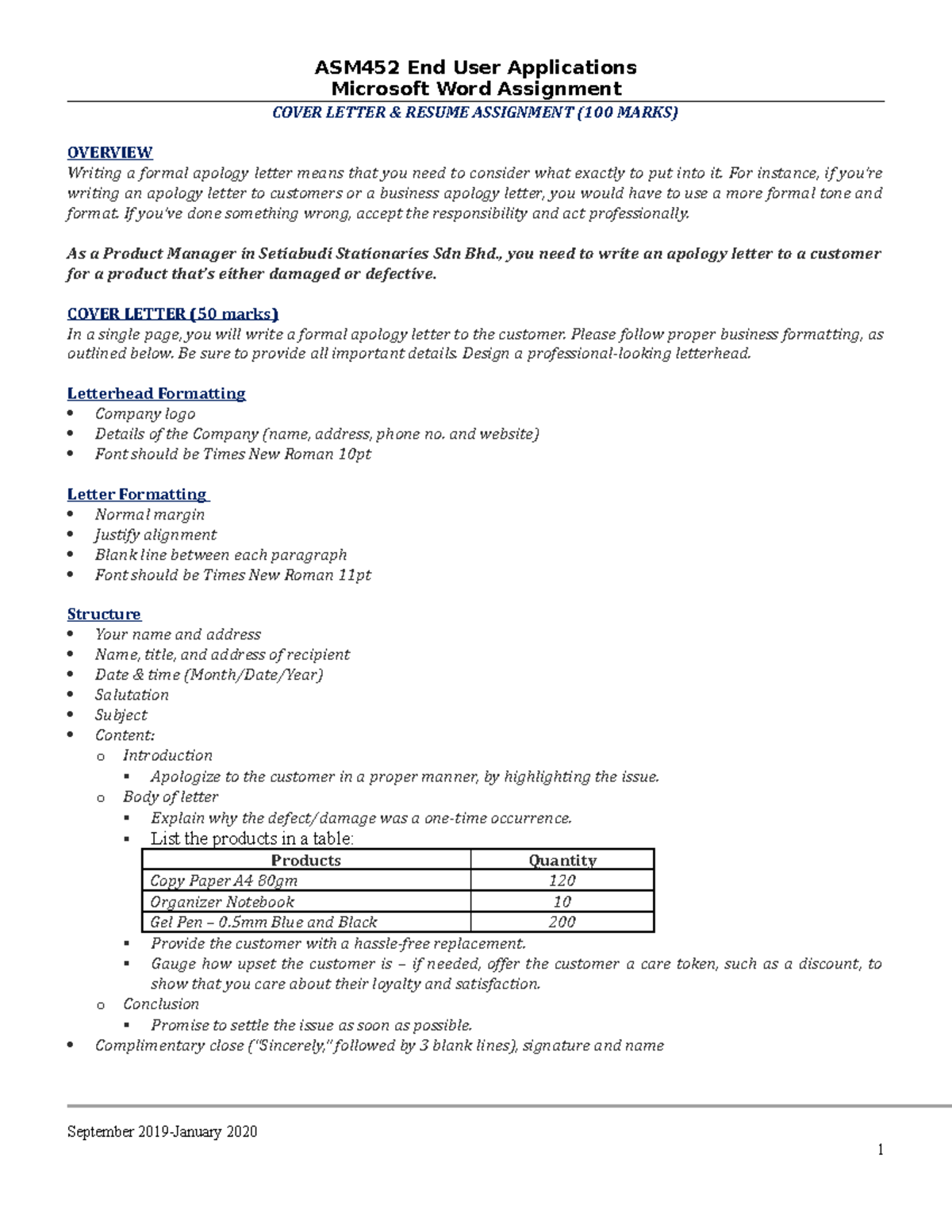 Assignment MSWords (Set 1) SEPT 2019 - ASM452 End User Applications ...
