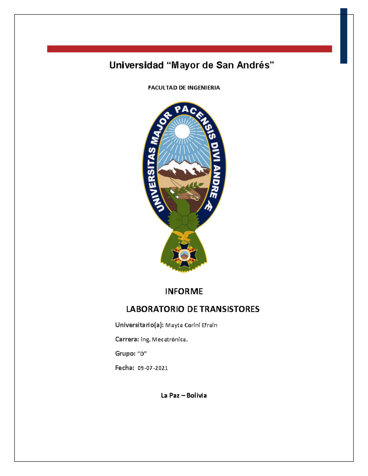 Informe 2 - Laboratorio 2 De ETN 503 - FACULTAD DE INGENIERIA INFORME LABORATORIO DE ...