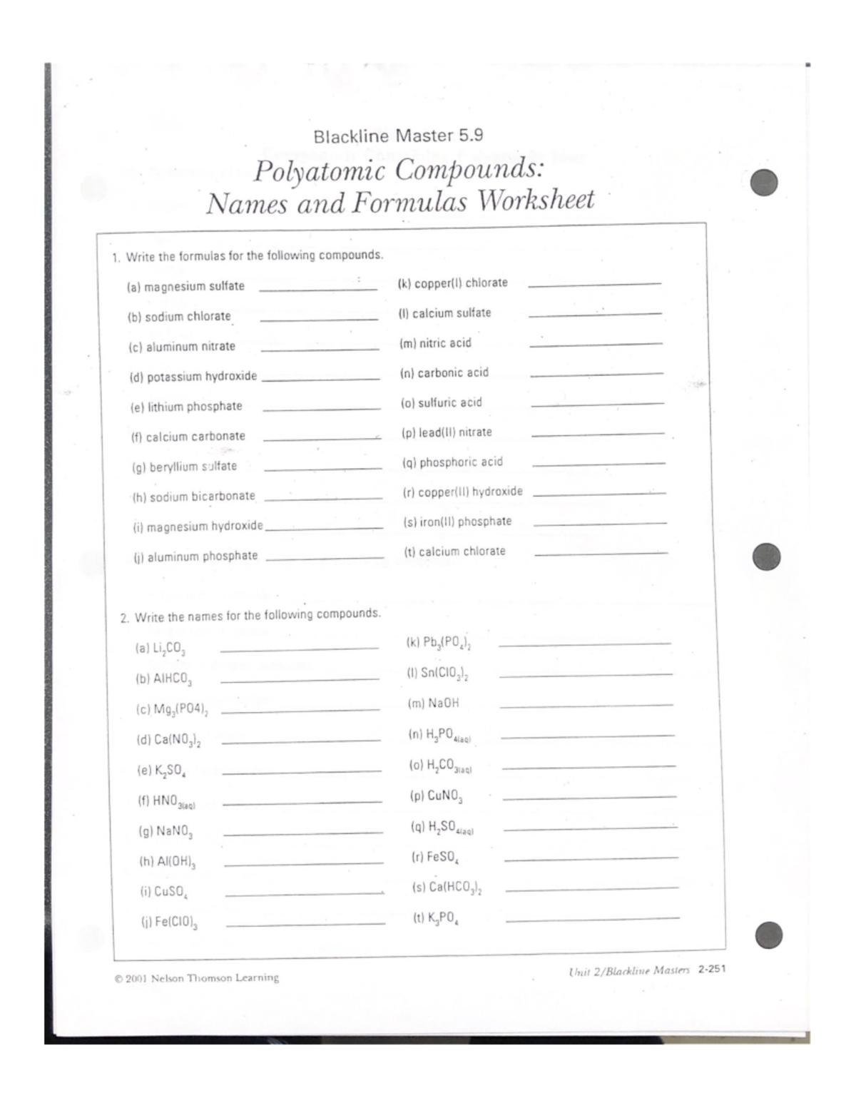 Polyatomic Compounds- Names & Formulas Worksheet - Blackline Master 5 ...