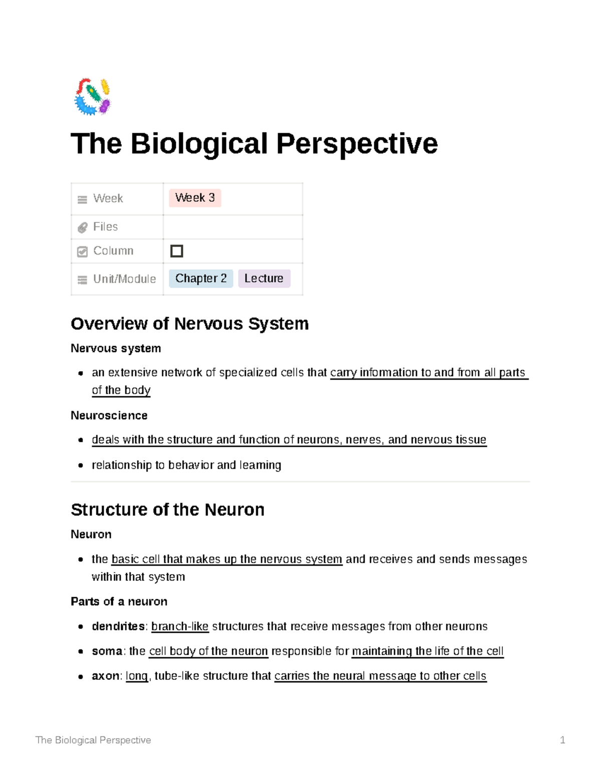 The Biological Perspective - ¬ The Biological Perspective Week Week 3 ...