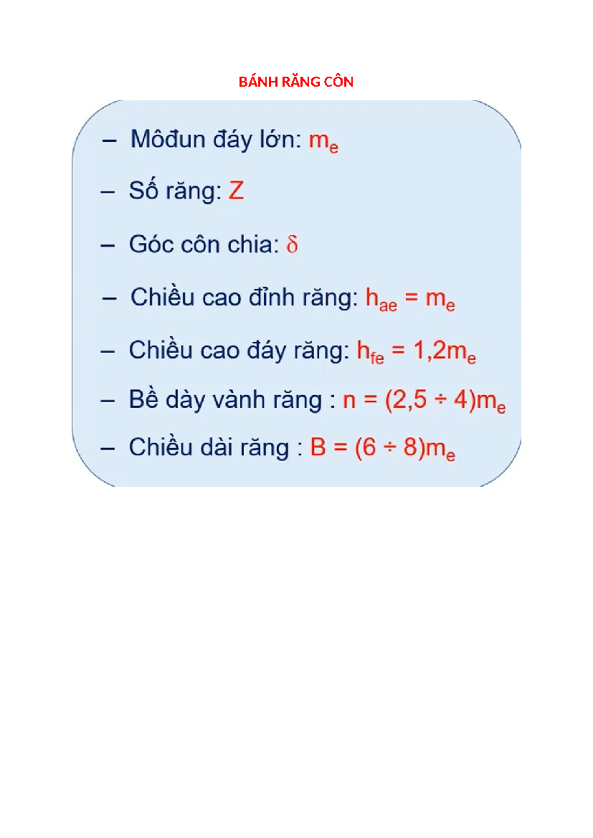 BÁNH RĂNG CÔN - difficult - BANH RANG CON a Modun day lon: m, rang: Z ...