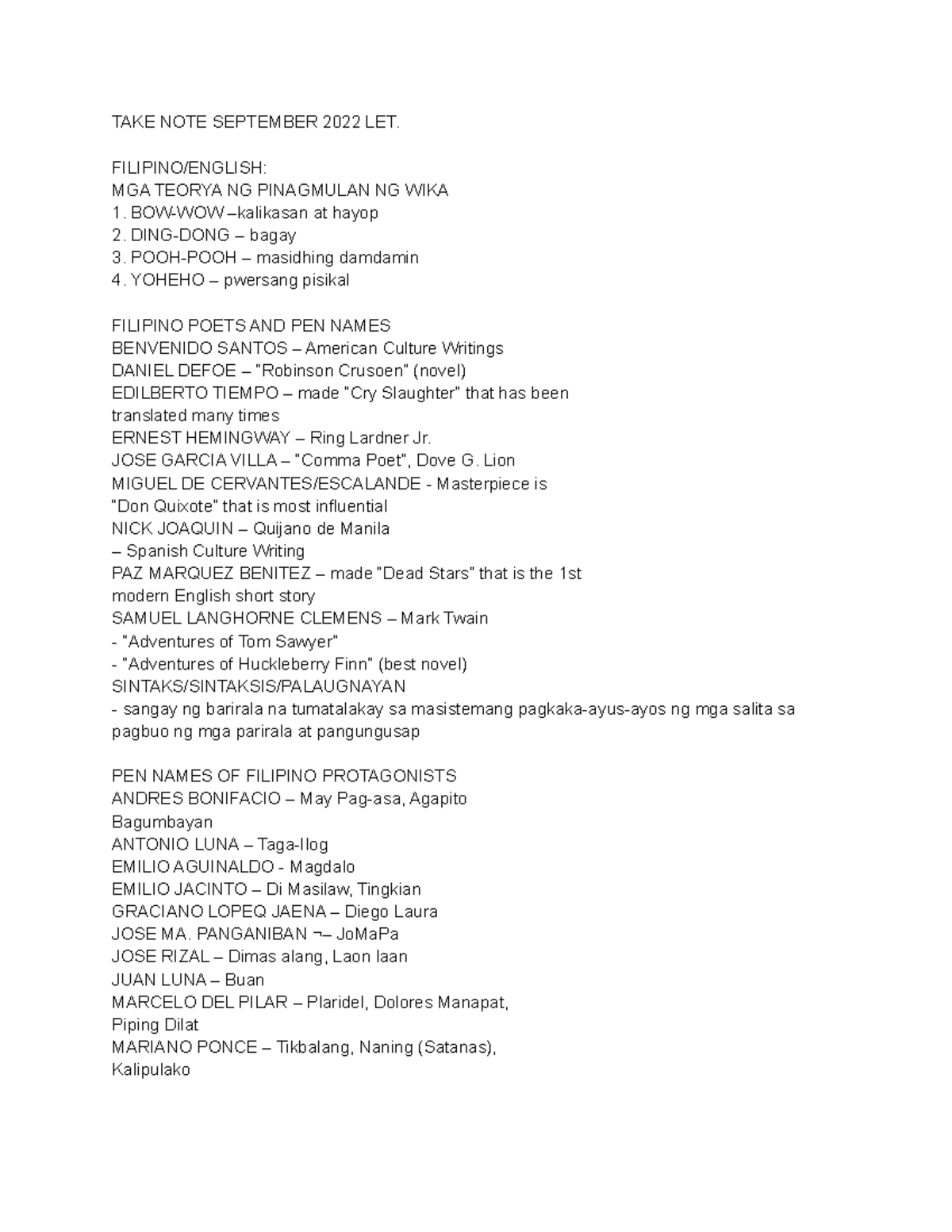 Filipino GEN ED - TAKE NOTE SEPTEMBER 2022 LET. FILIPINO/ENGLISH: MGA TEORYA NG PINAGMULAN NG ...