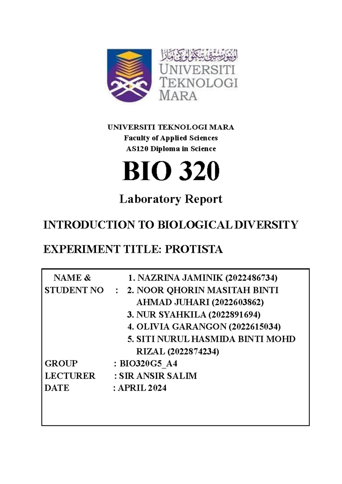 BIO320 LAB ( Practical 2) - UNIVERSITI TEKNOLOGI MARA Faculty of Applied Sciences AS120 Diploma ...