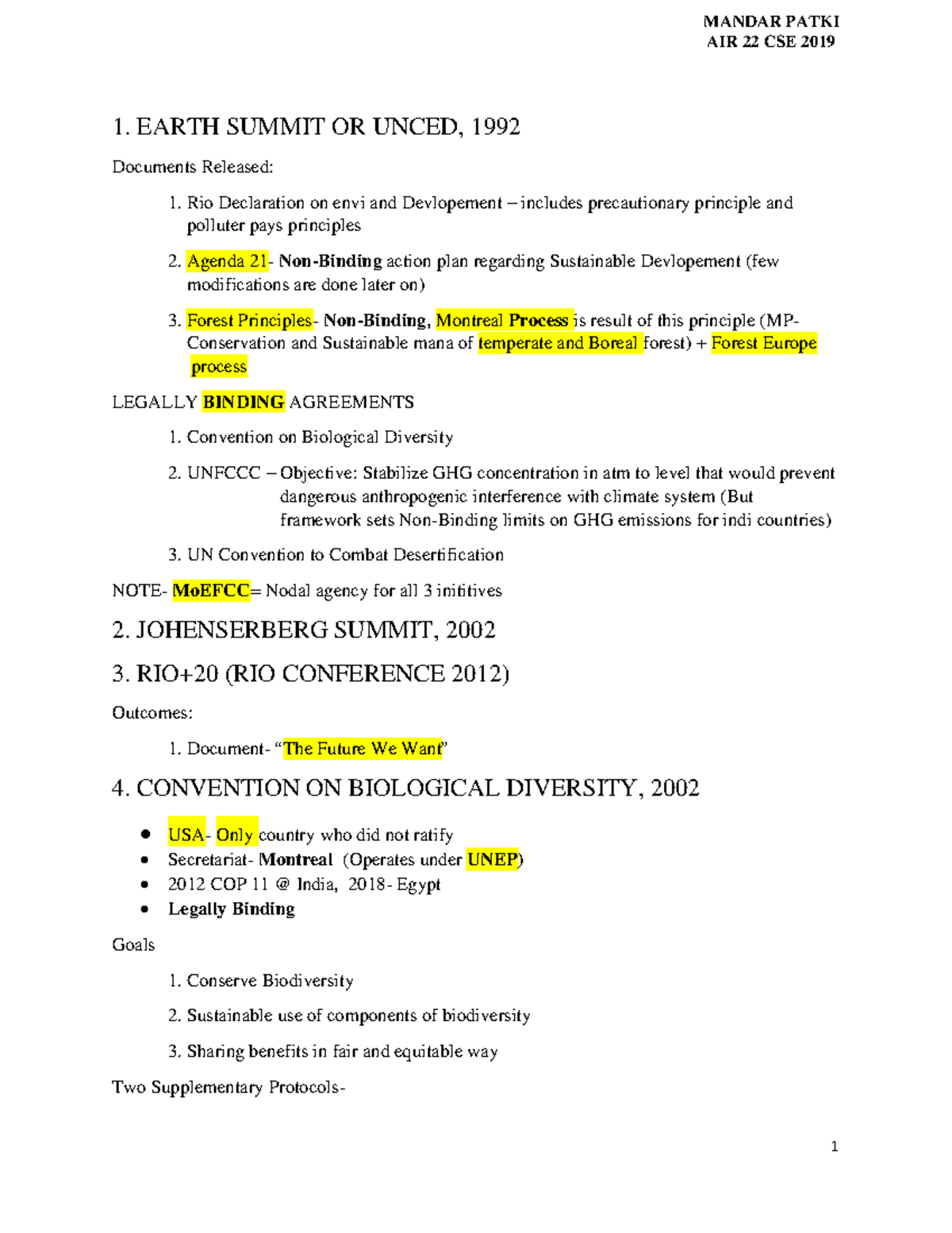 International Conventions - AIR 22 CSE 2019 1. EARTH SUMMIT OR UNCED ...