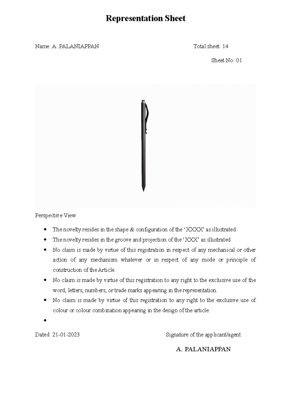 Representation Sheet - Name: A. PALANIAPPAN Total sheet: 14 Sheet No ...