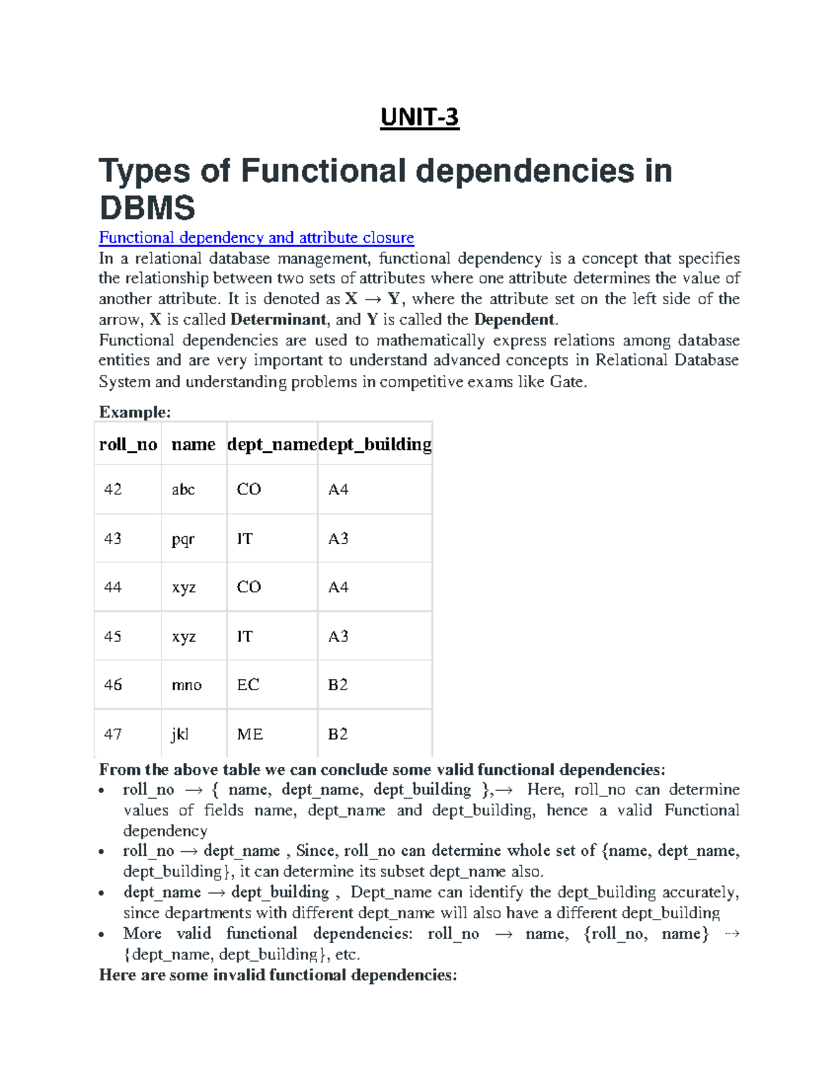 DBMS unit-3 - good - UNIT- 3 Types of Functional dependencies in DBMS Functional dependency and ...