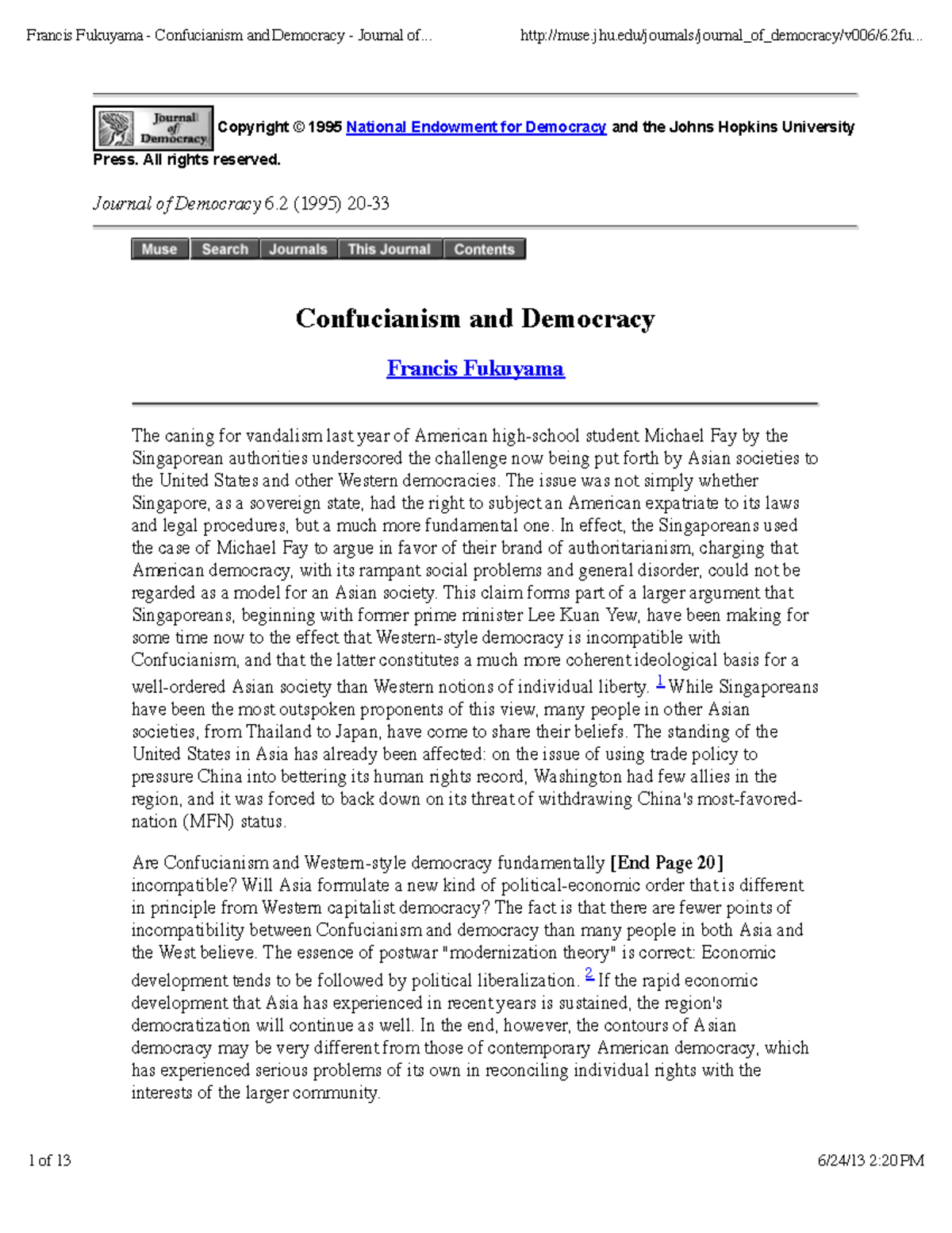 Francis Fukuyama - Confucianism and Democracy - Journal of Democracy ...