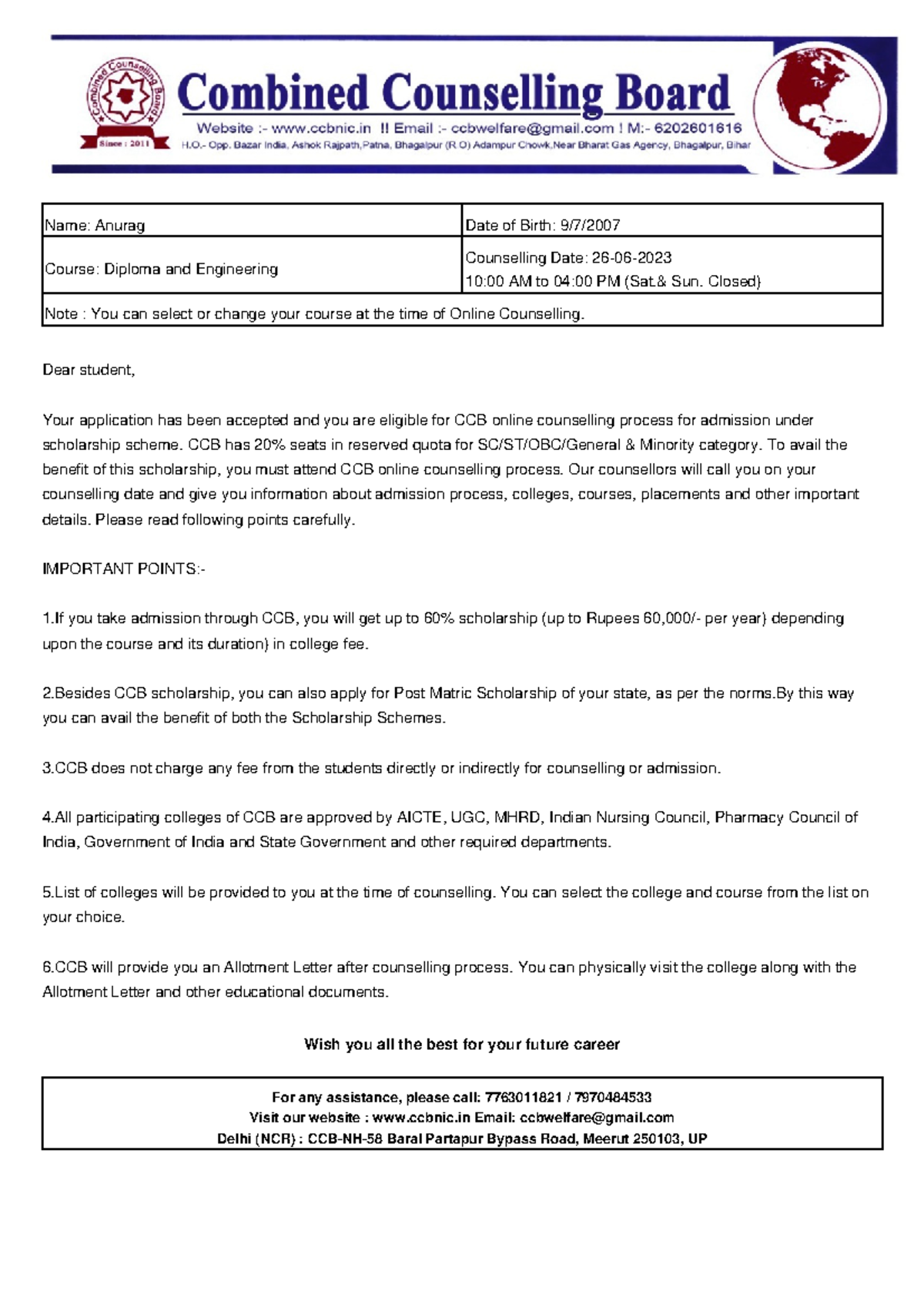 Ccbnic 24177 - hhcc - Dear student, Your application has been accepted ...