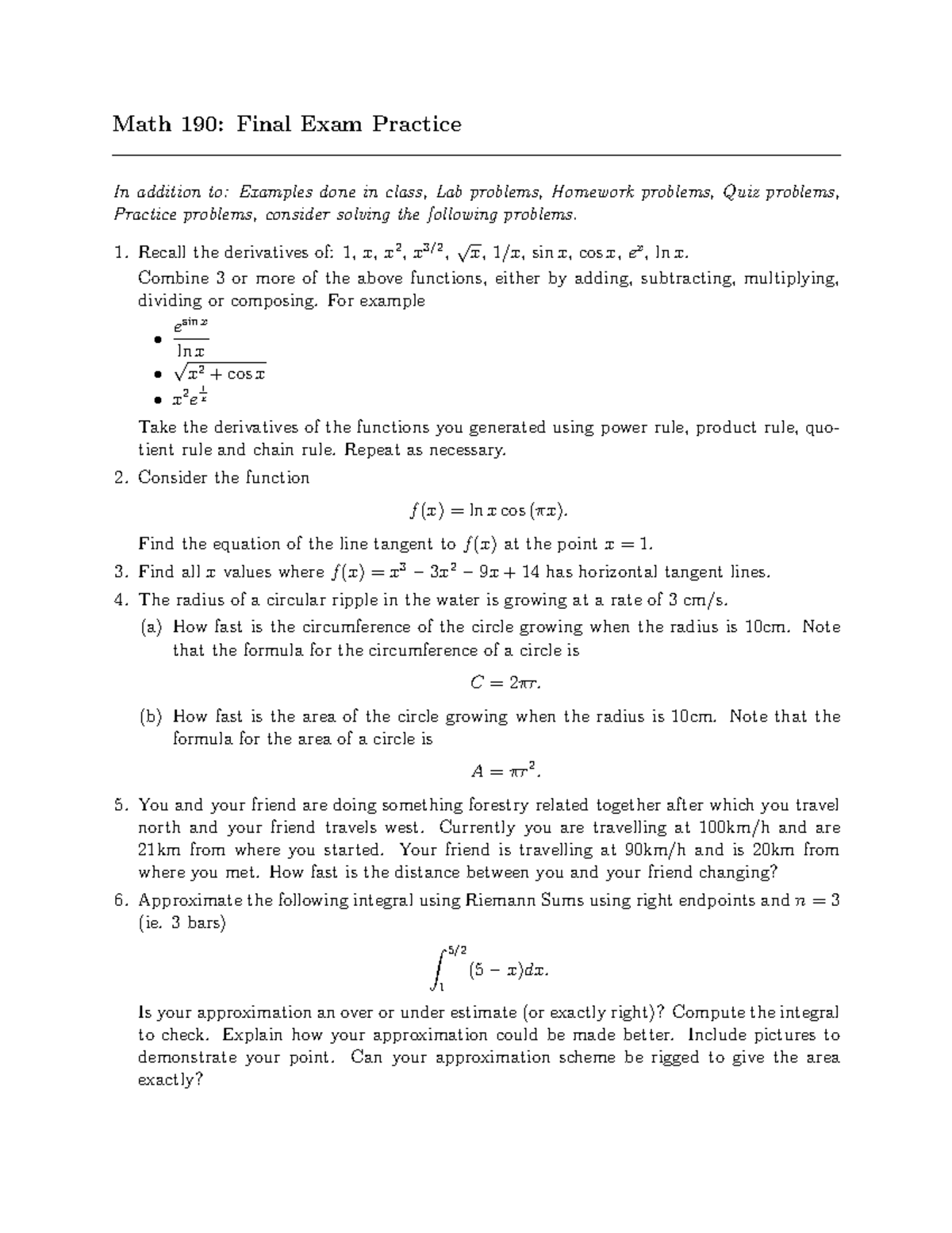 Exam Practice - math - Math 190: Final Exam Practice In addition to ...