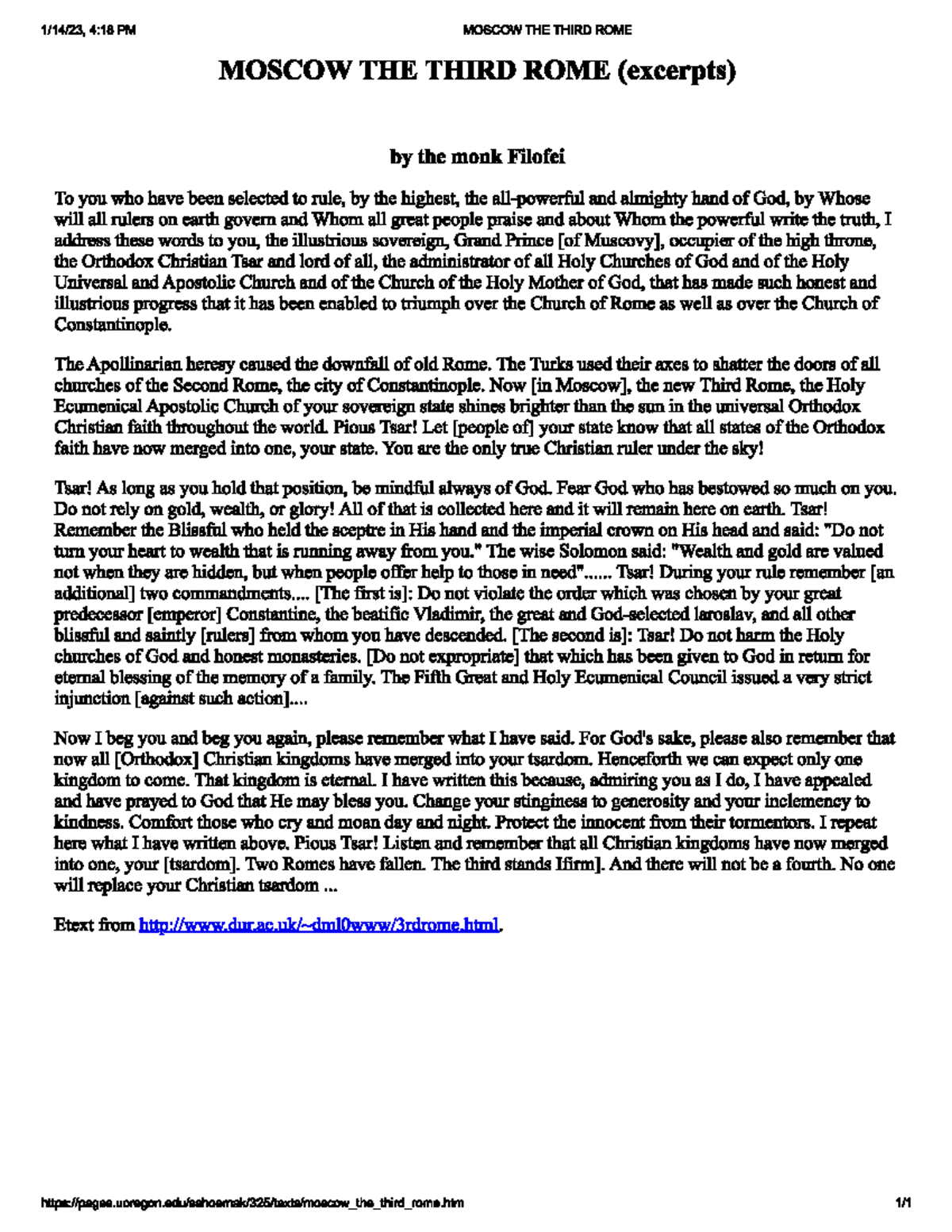 Filofei - Moscow, The Third Rome (1520s) - HIST 1122 - Studocu