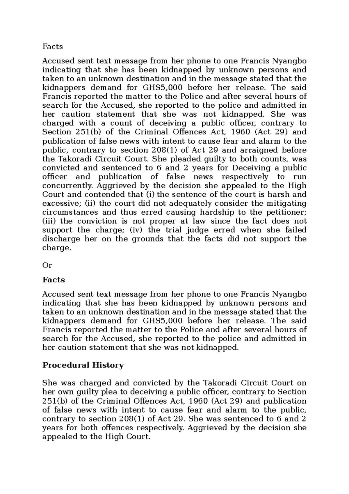 Sample Case Brief - Facts Accused sent text message from her phone to ...