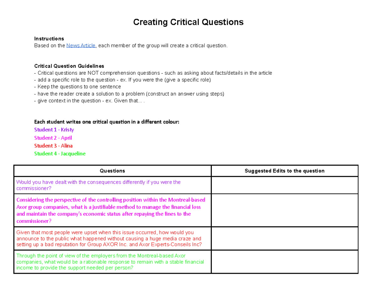 Creating Critical Questions - Creating Critical Questions Instructions ...