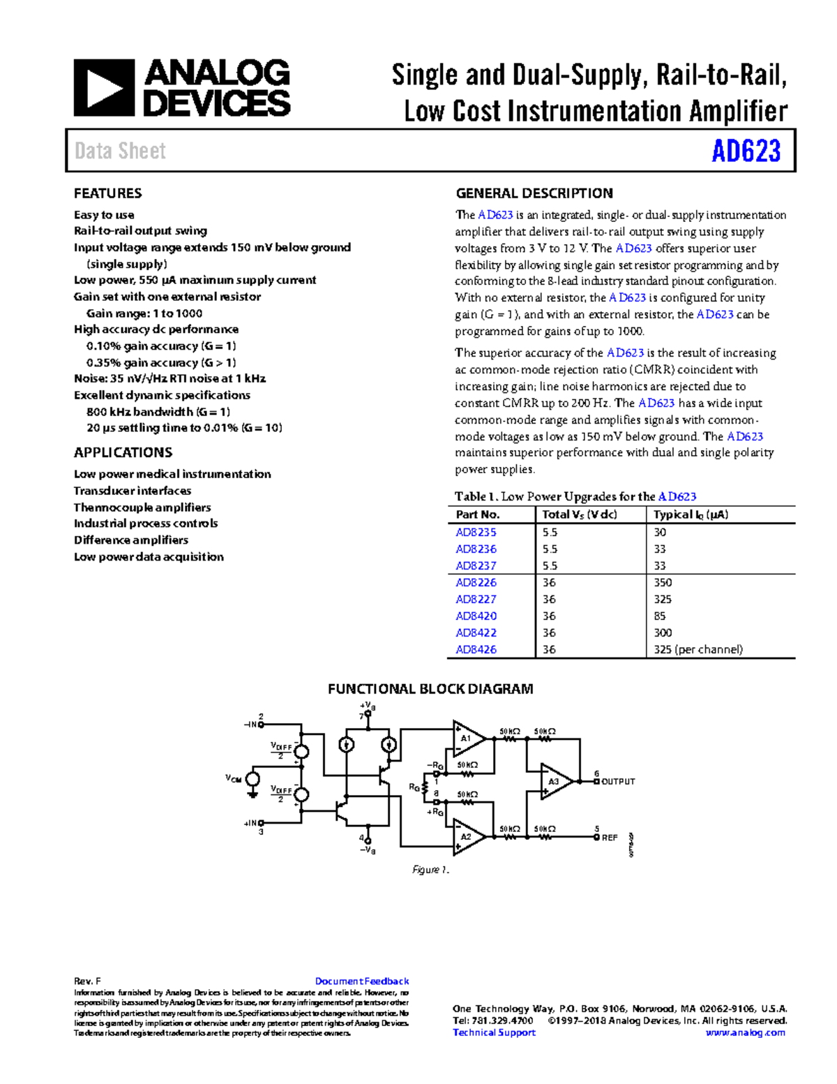 Ad623 - Single and Dual-Supply, Rail-to-Rail, Low Cost Instrumentation Amplifier Data Sheet AD ...