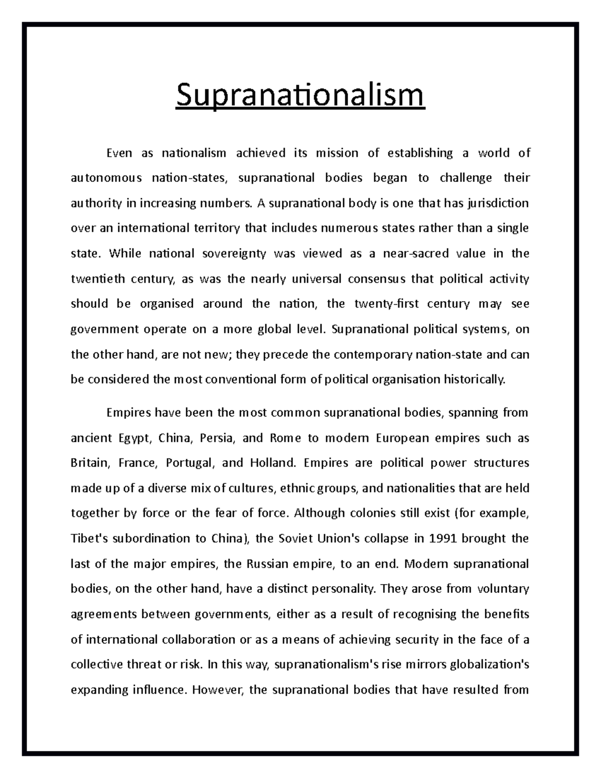 Brief Note on Supranationalism - Supranationalism Even as nationalism ...