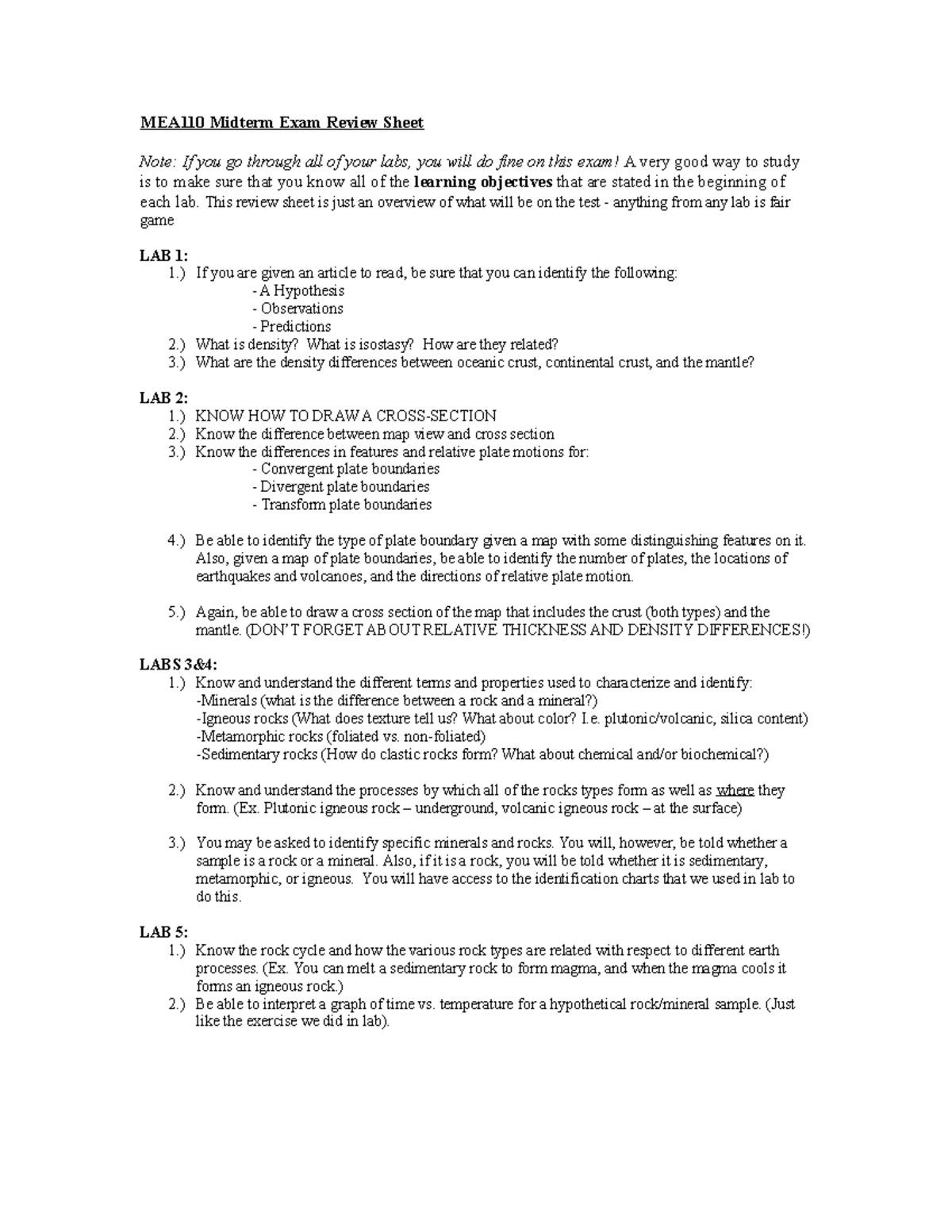 MEA110 Midterm Study Guide - MEA110 Midterm Exam Review Sheet Note: If ...