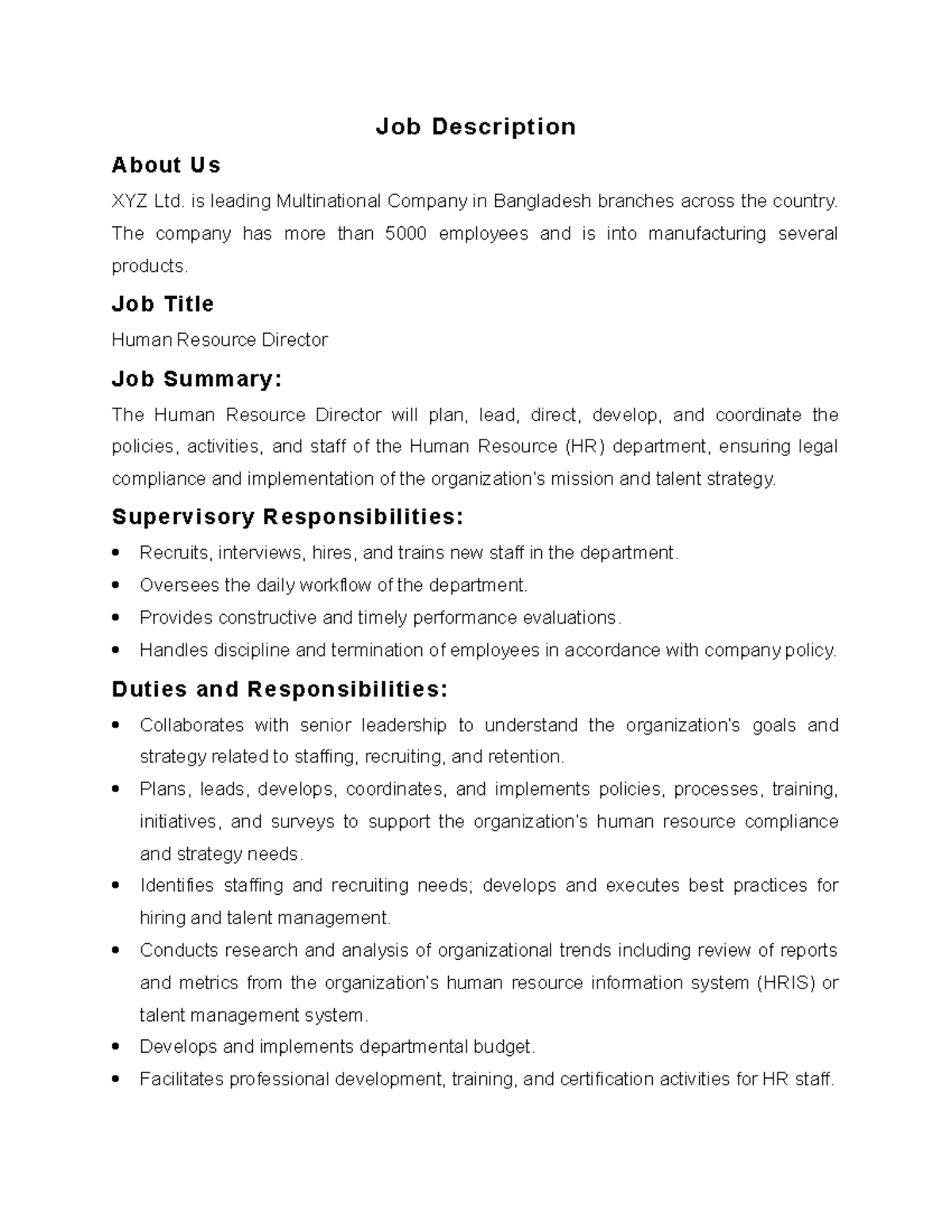 Human Resource Director - Job Description About Us XYZ Ltd. is leading ...