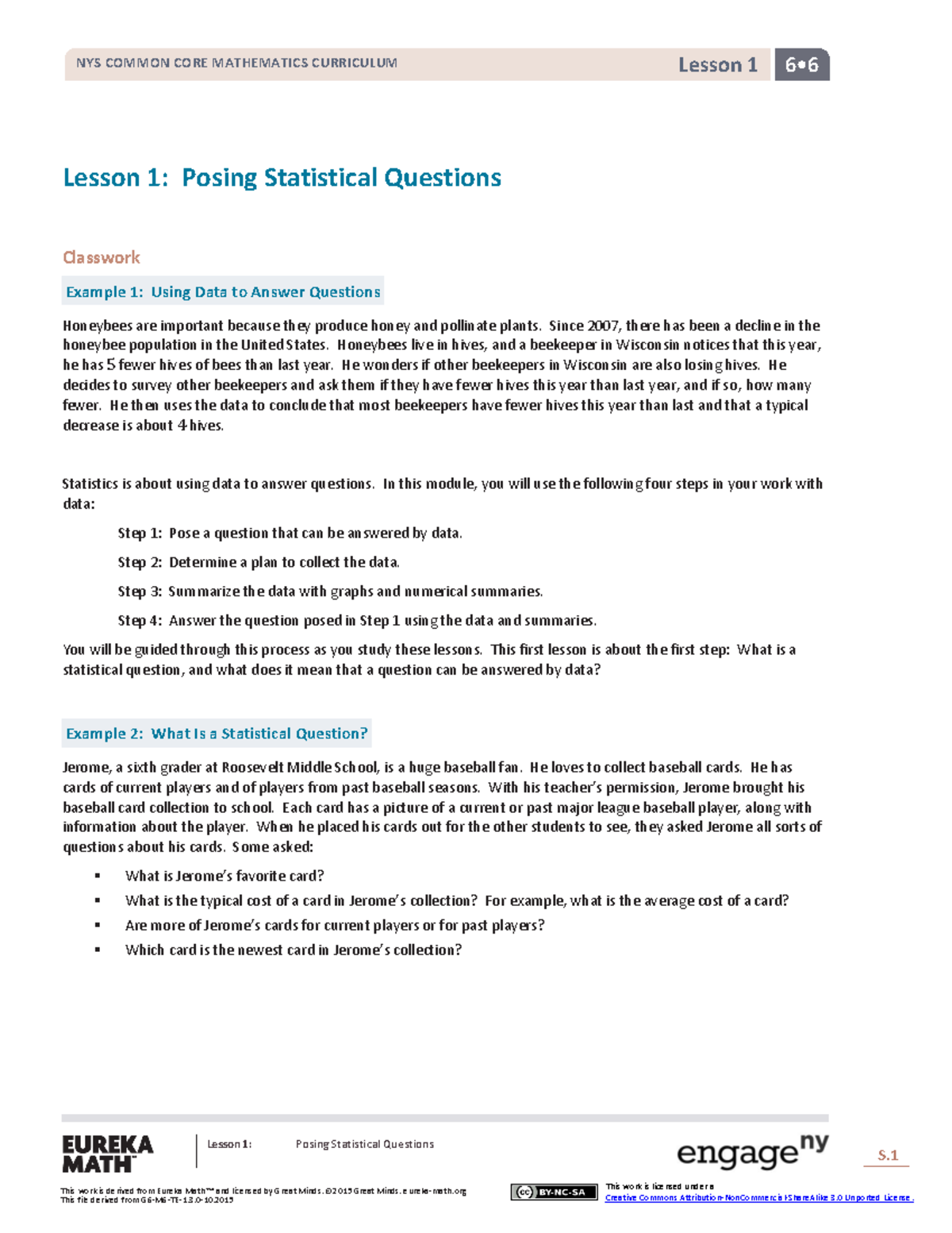 Math g6 m6 topic a lesson 1 student - Lesson 1: Posing Statistical ...