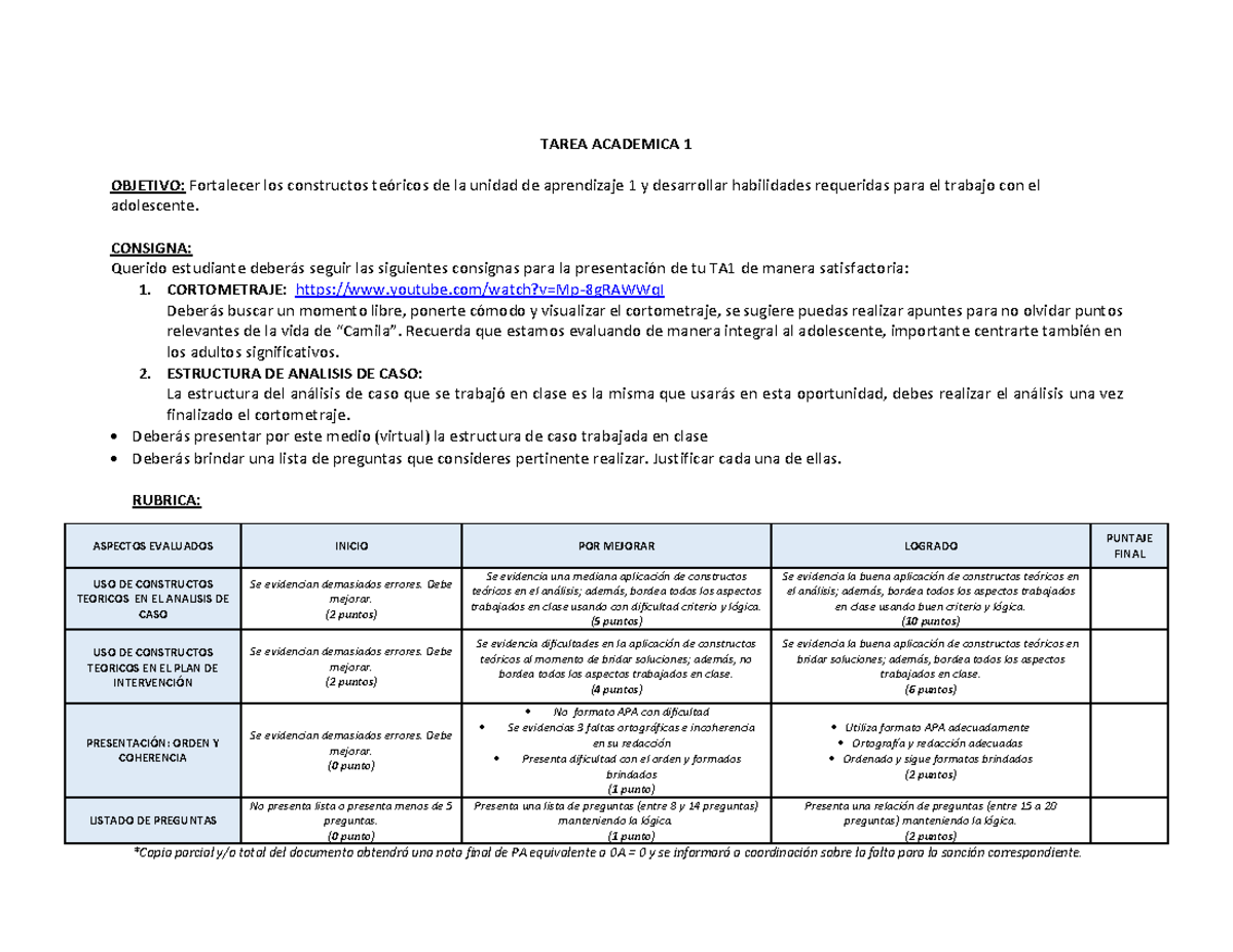 Consigna y Rúbrica TA1 - psicologia del desarrollo - TAREA ACADEMICA 1 OBJETIVO: Fortalecer los ...