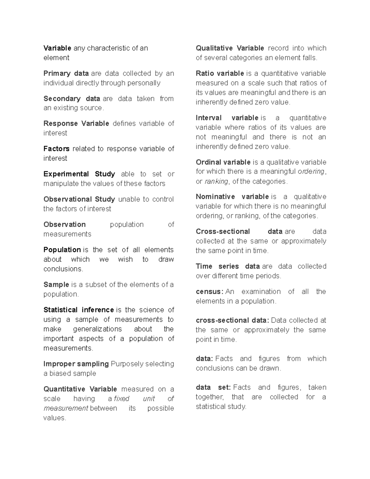 Stats - Terms commonly used in statistics - Variable any characteristic ...