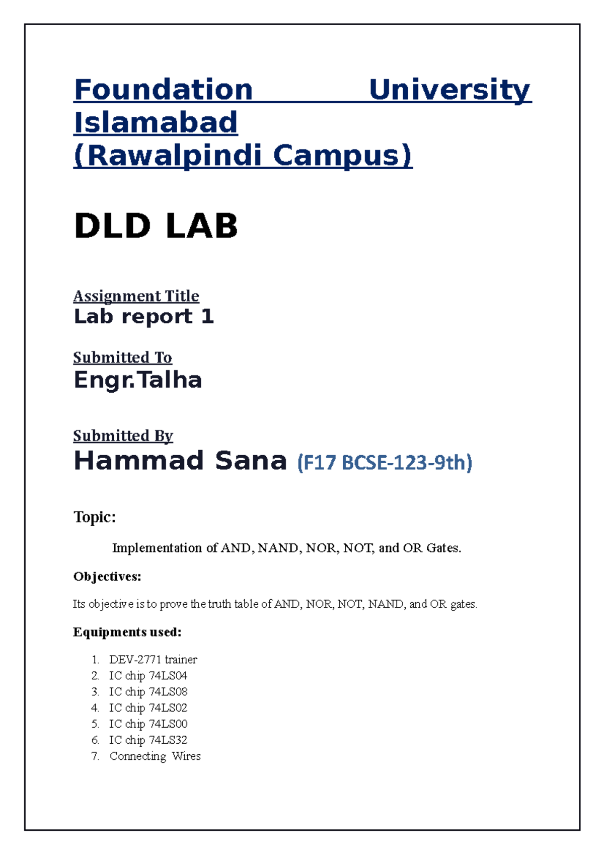 Hammad Sana-123 (DLD Lab report 1) - Foundation University Islamabad ...
