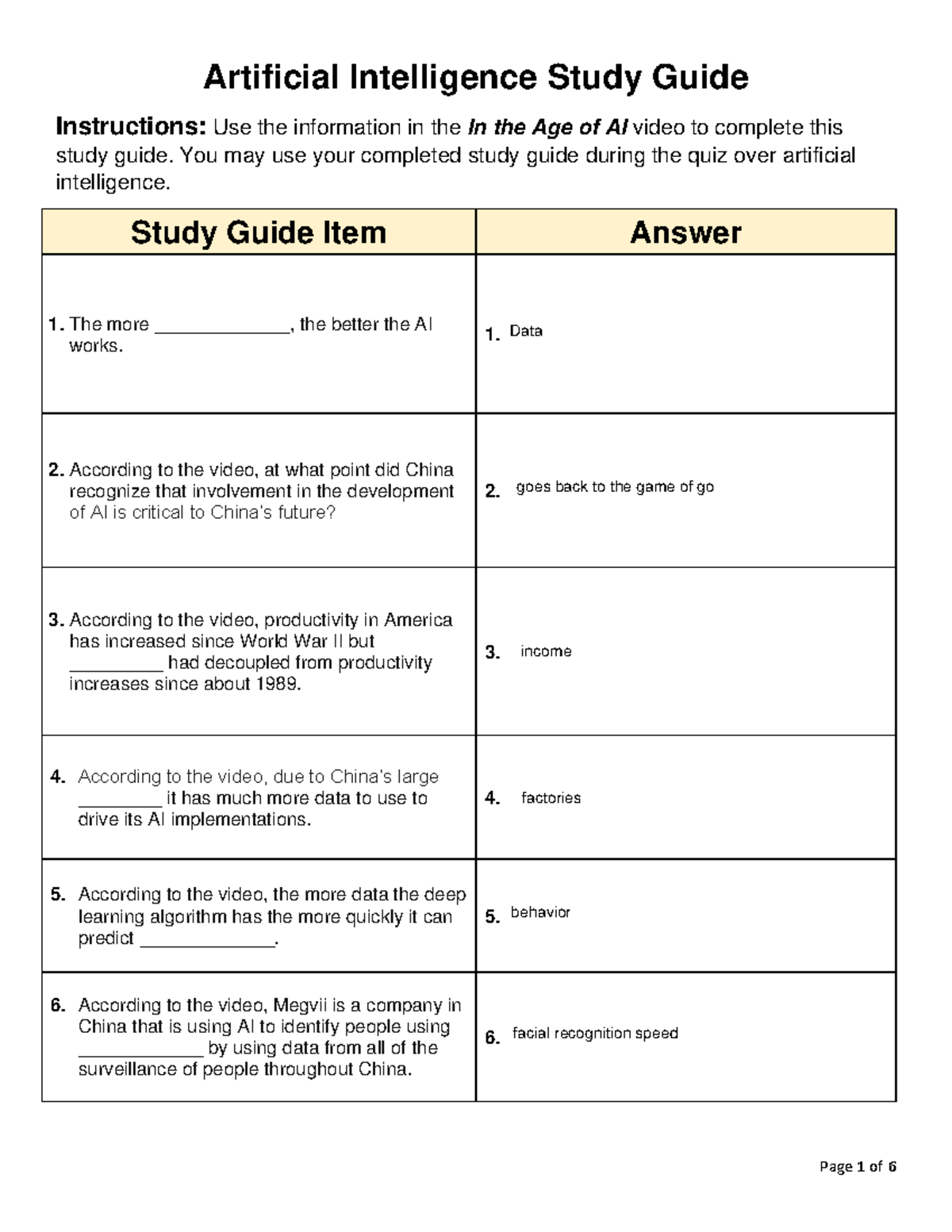 Artificial Intelligence Study Guide - Artificial Intelligence Study Guide Instructions: Use the ...