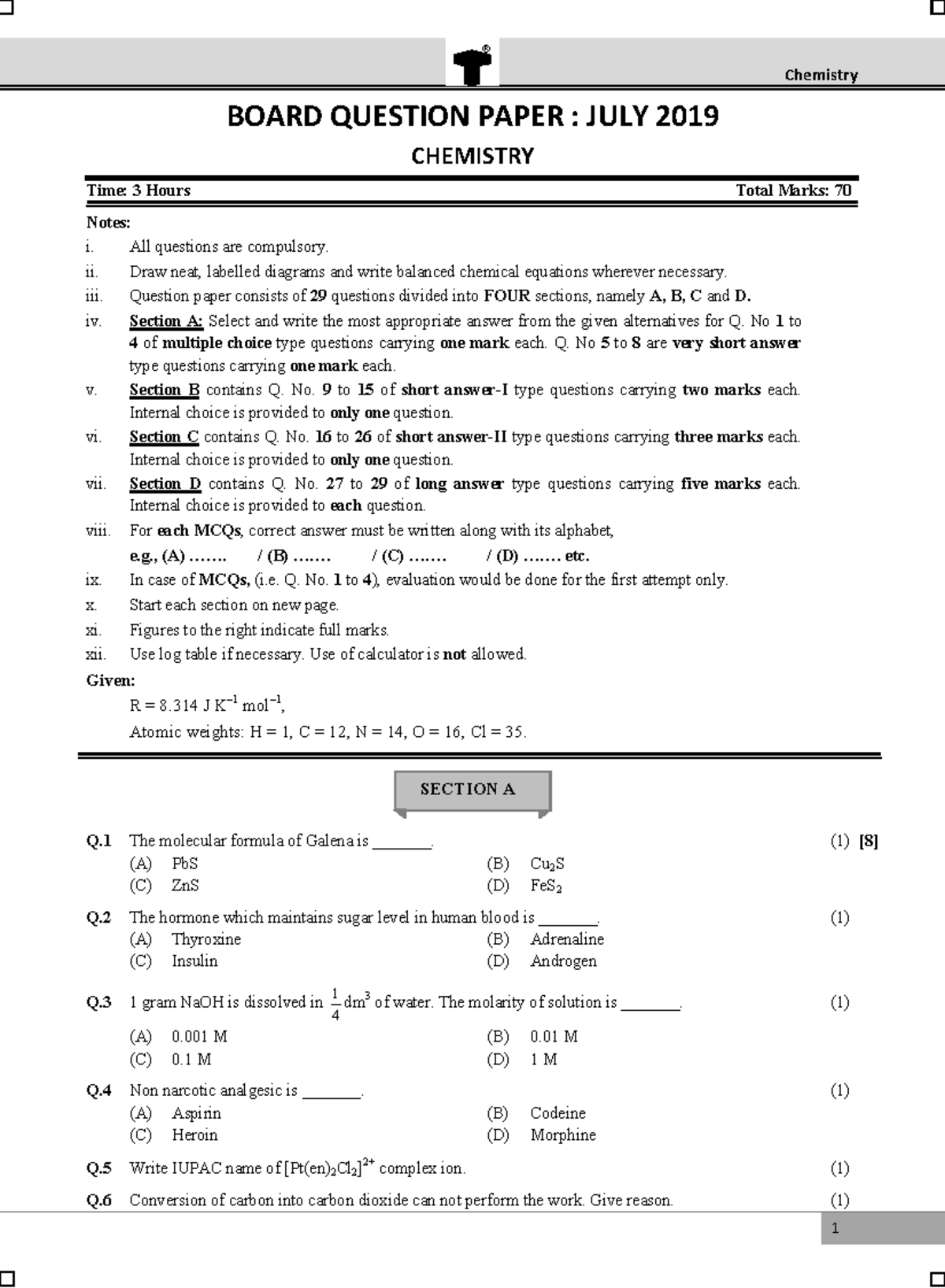 Chemistry july 2019 std 12th science hsc maharashtra board question ...