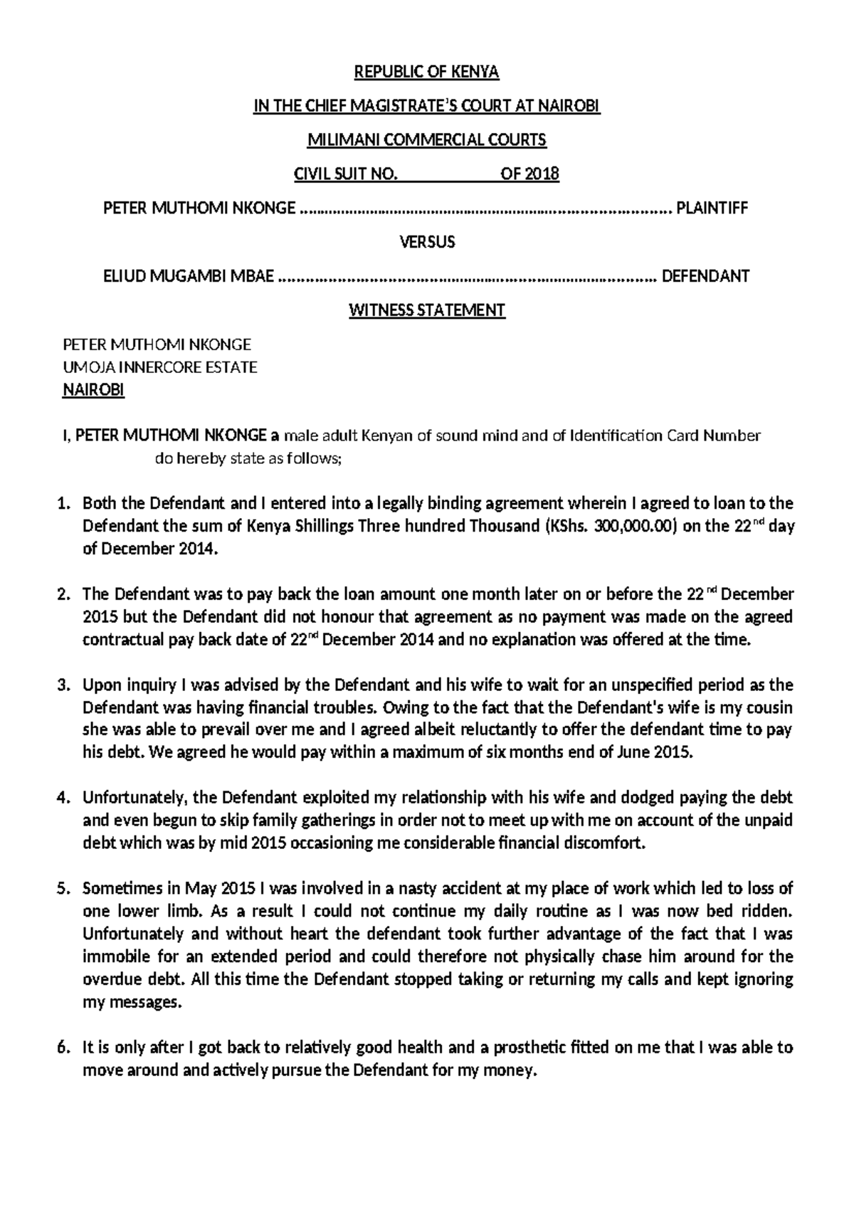 Witness statement - Debt recovery - REPUBLIC OF KENYA IN THE CHIEF ...