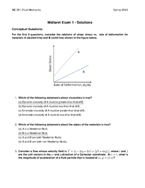 Fluid Dynamics 2019 Exam 1 Solutions - Midterm Exam 1 (Total Points ...
