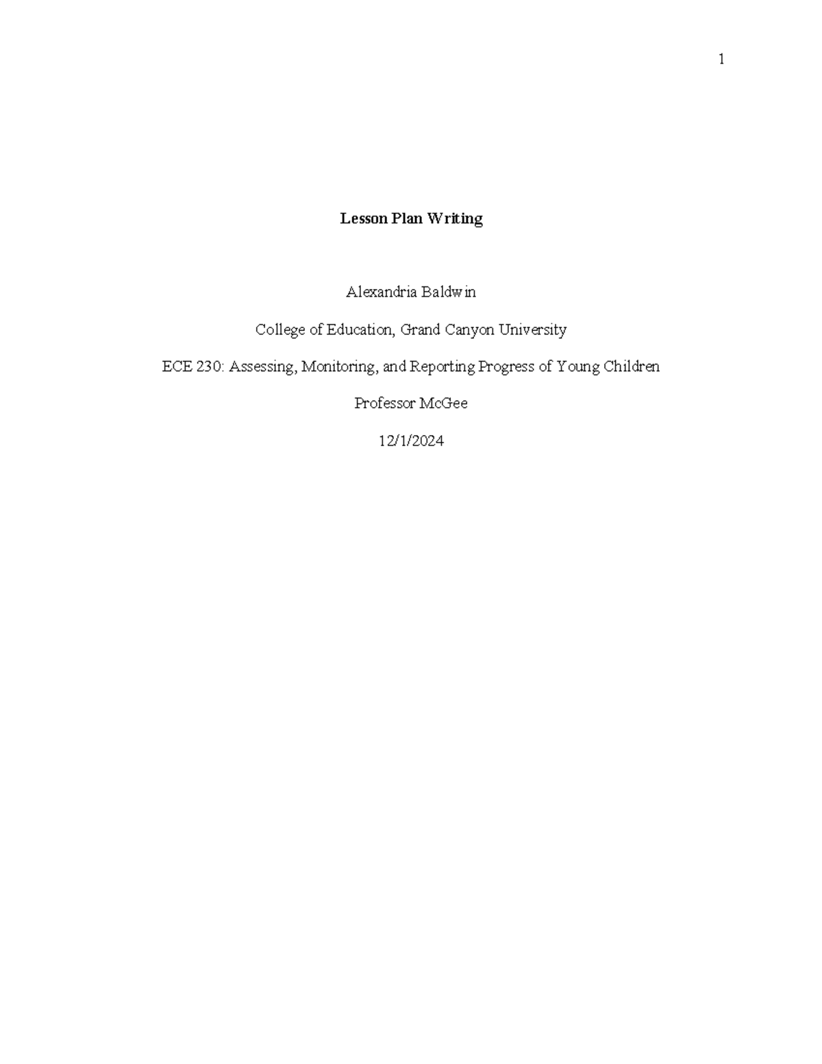 ECE 230 Lesson Plan Writting T3 Essay - Lesson Plan Writing Alexandria Baldwin College of ...