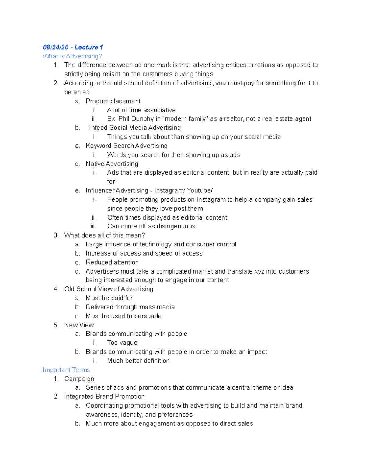 Advertising Notes - For a class with Dr. Evans - 08/24/20 - Lecture 1 ...