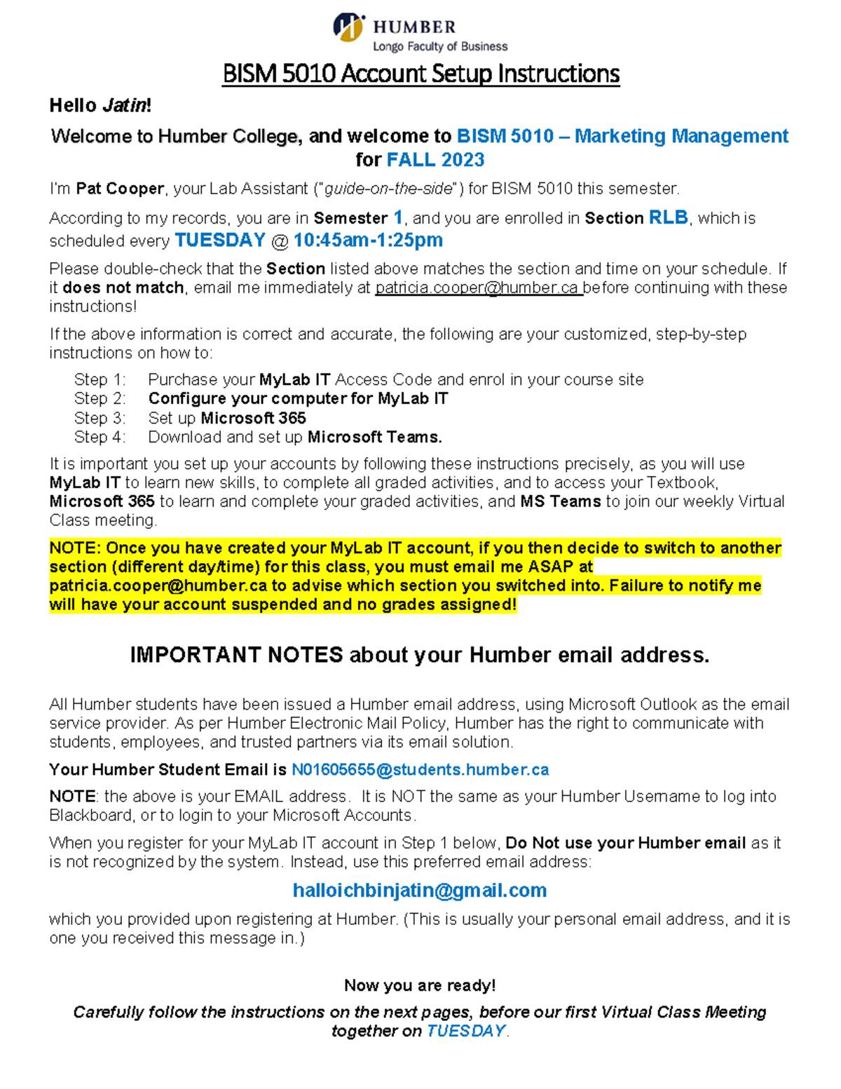 BISM 5010 RLB Account Setup - According to my records, you are in ...