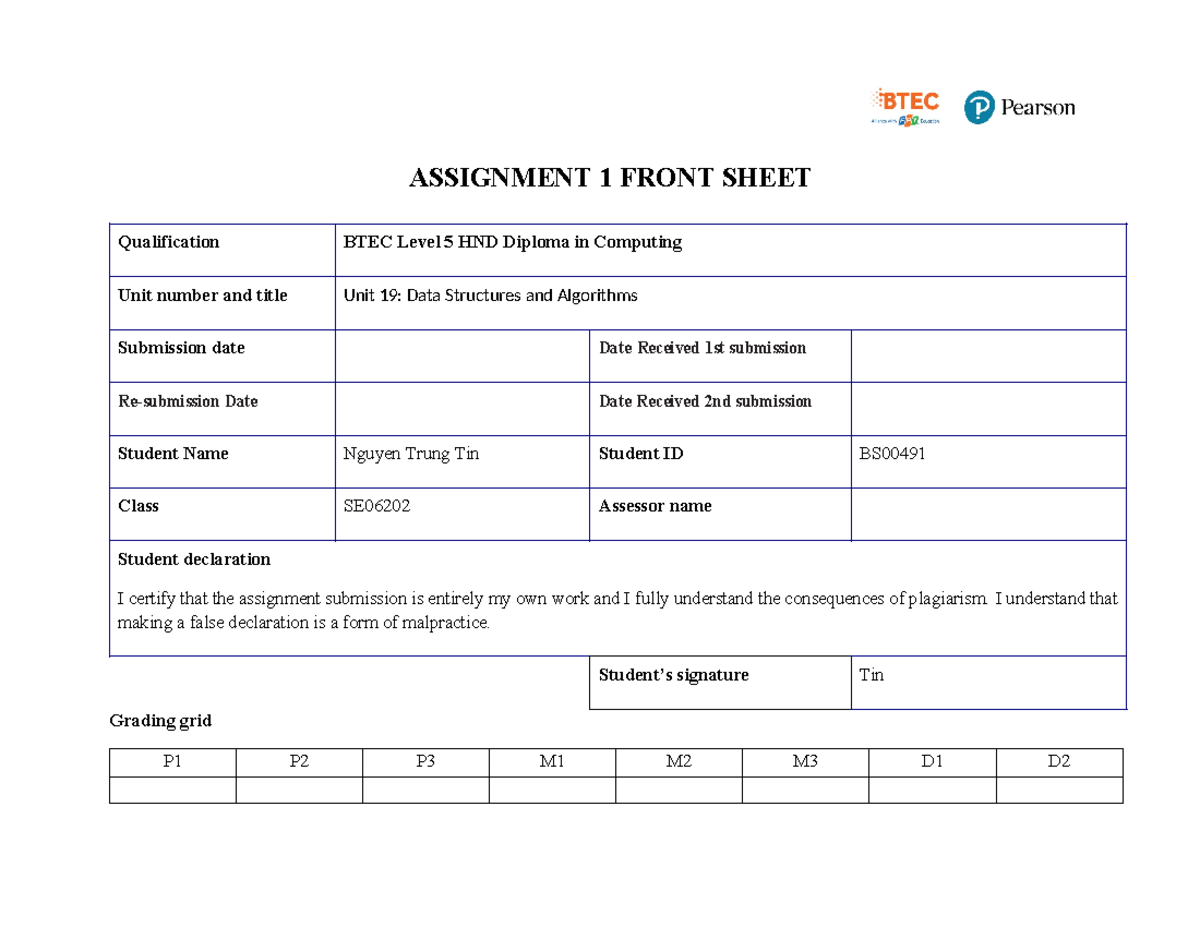 ASM1 Nguyen Trung Tin - ASSIGNMENT 1 FRONT SHEET Qualification BTEC Level 5 HND Diploma in ...