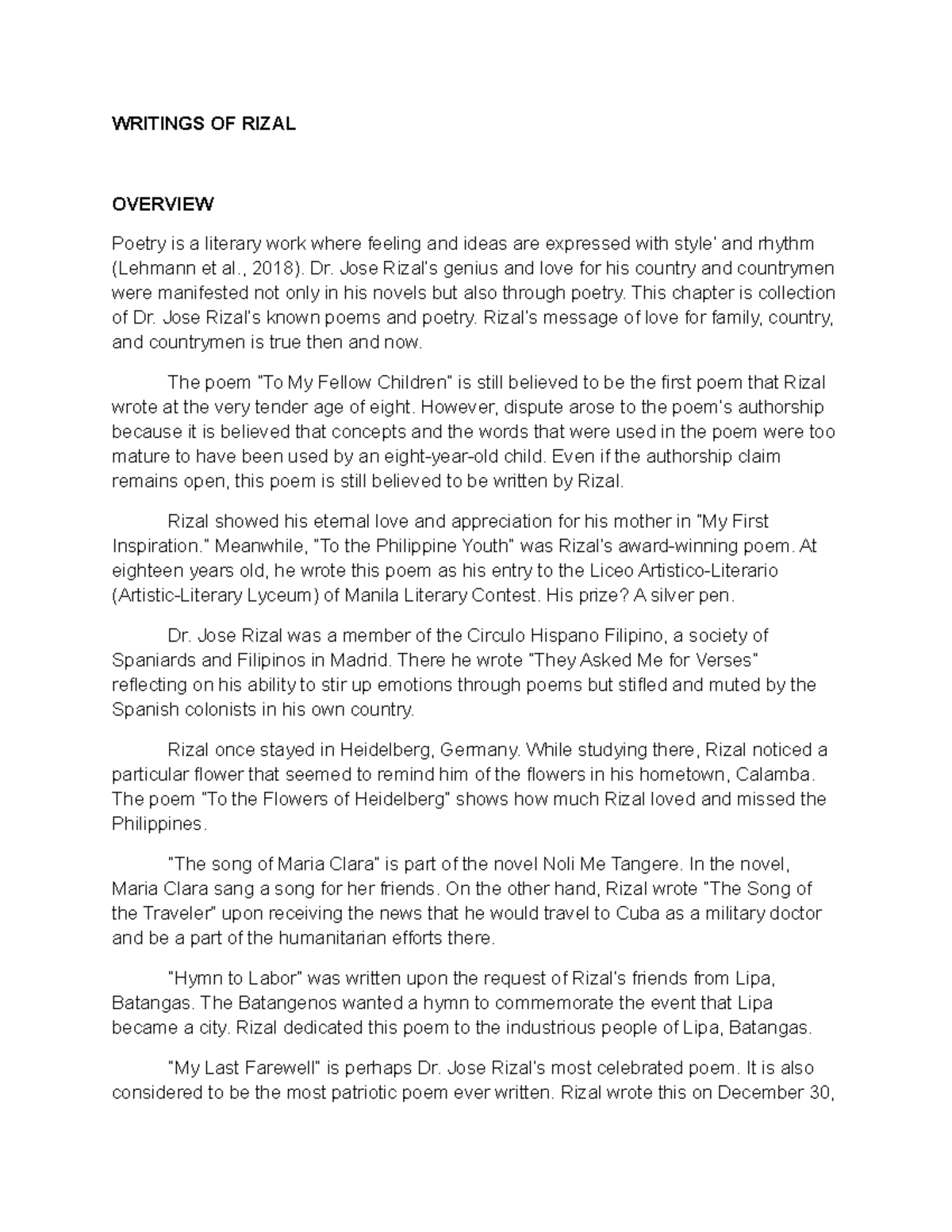 Writings OF Rizal - WRITINGS OF RIZAL OVERVIEW Poetry is a literary ...