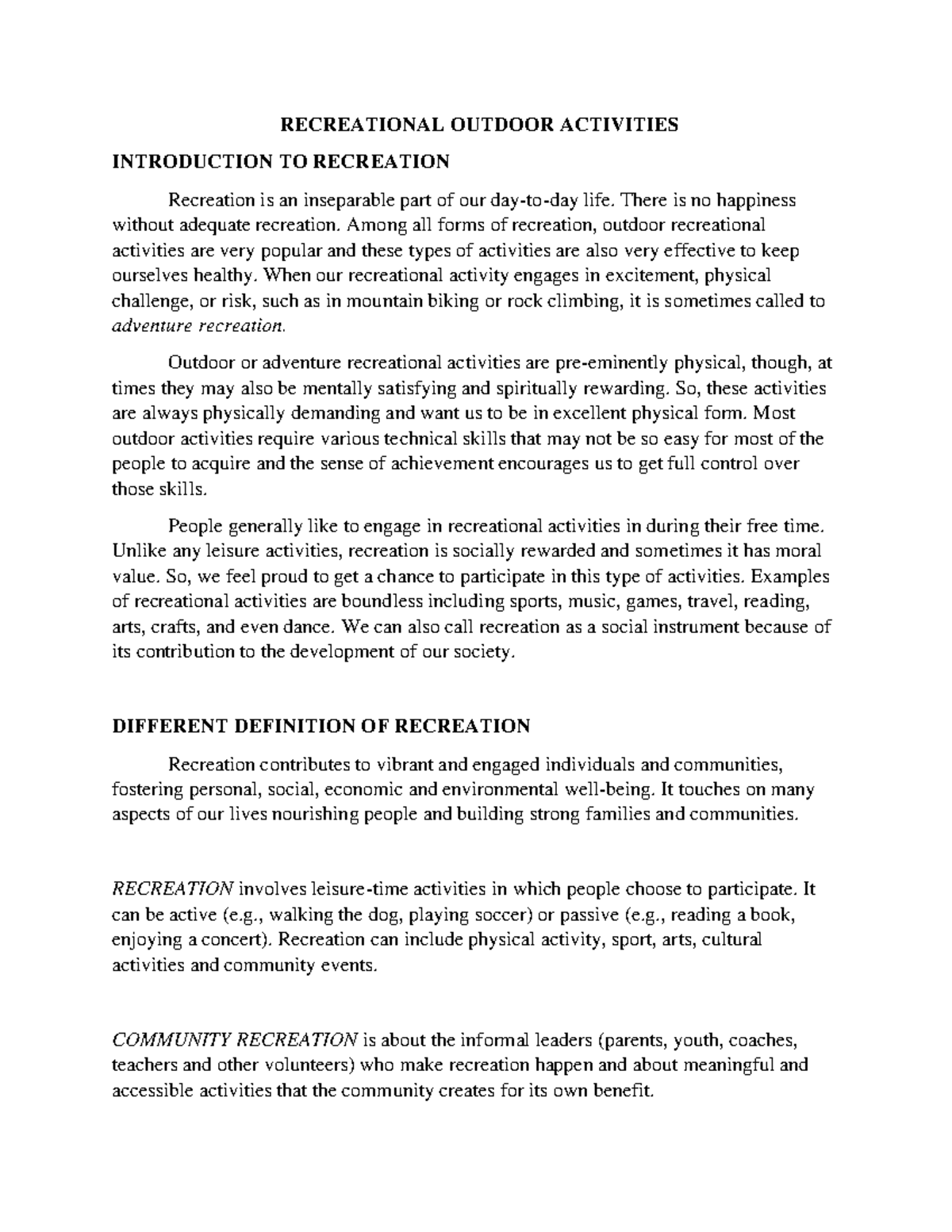 Recreational Outdoor Activities - RECREATIONAL OUTDOOR ACTIVITIES ...