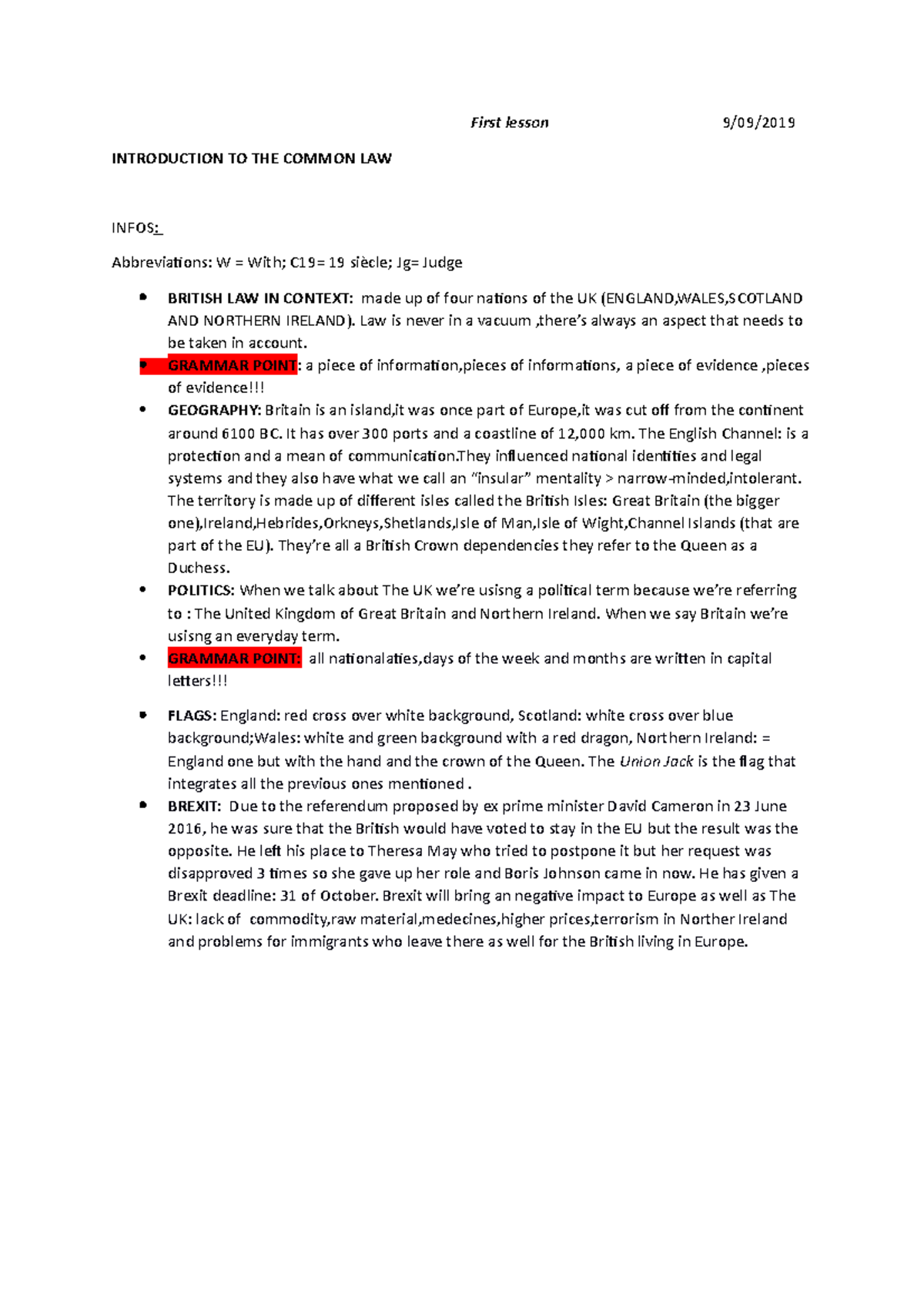 Intro Common LAW DAY 1 - Notes prises pendant le cours - First lesson 9 ...