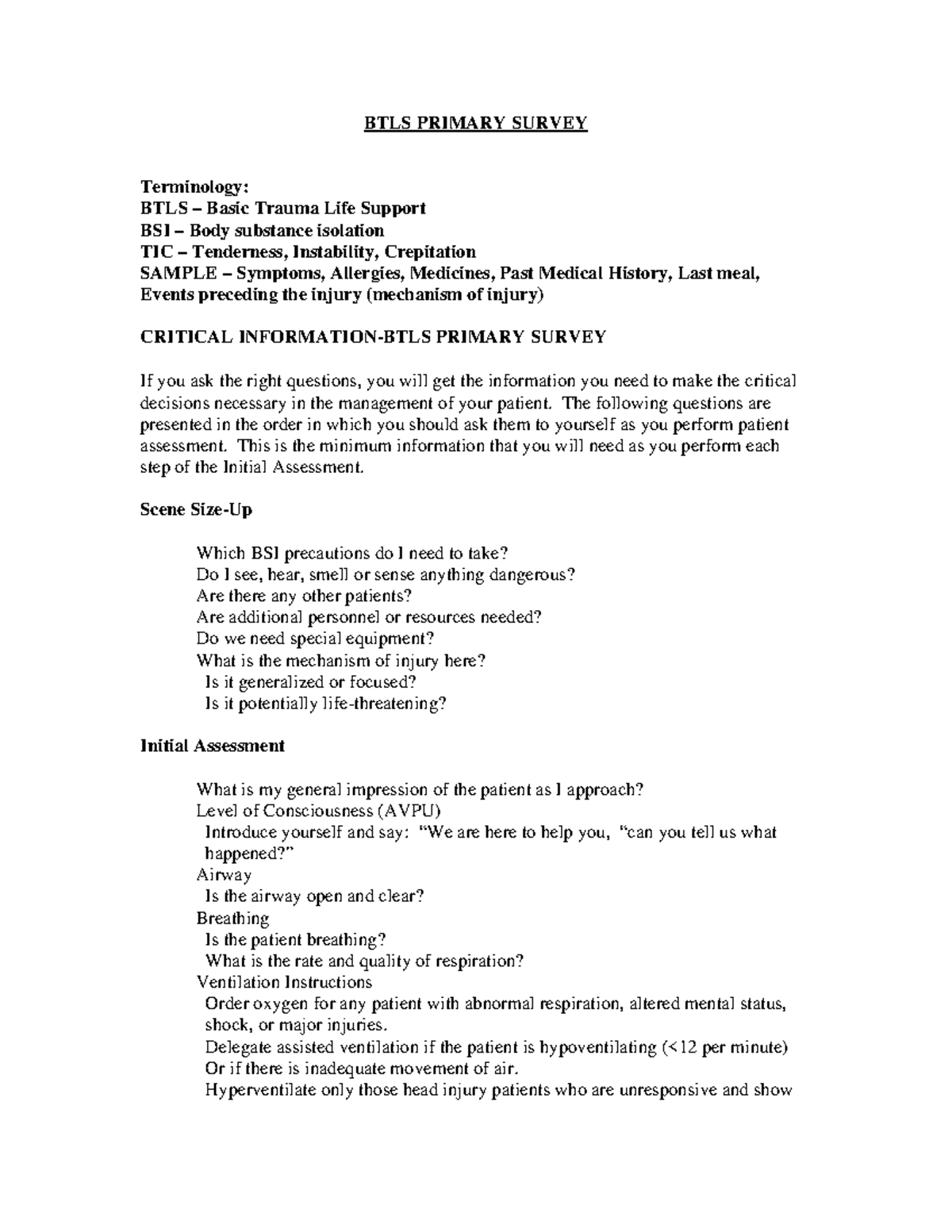 BTLS1 - BTLS PRIMARY SURVEY - BTLS PRIMARY SURVEY Terminology: BTLS ...