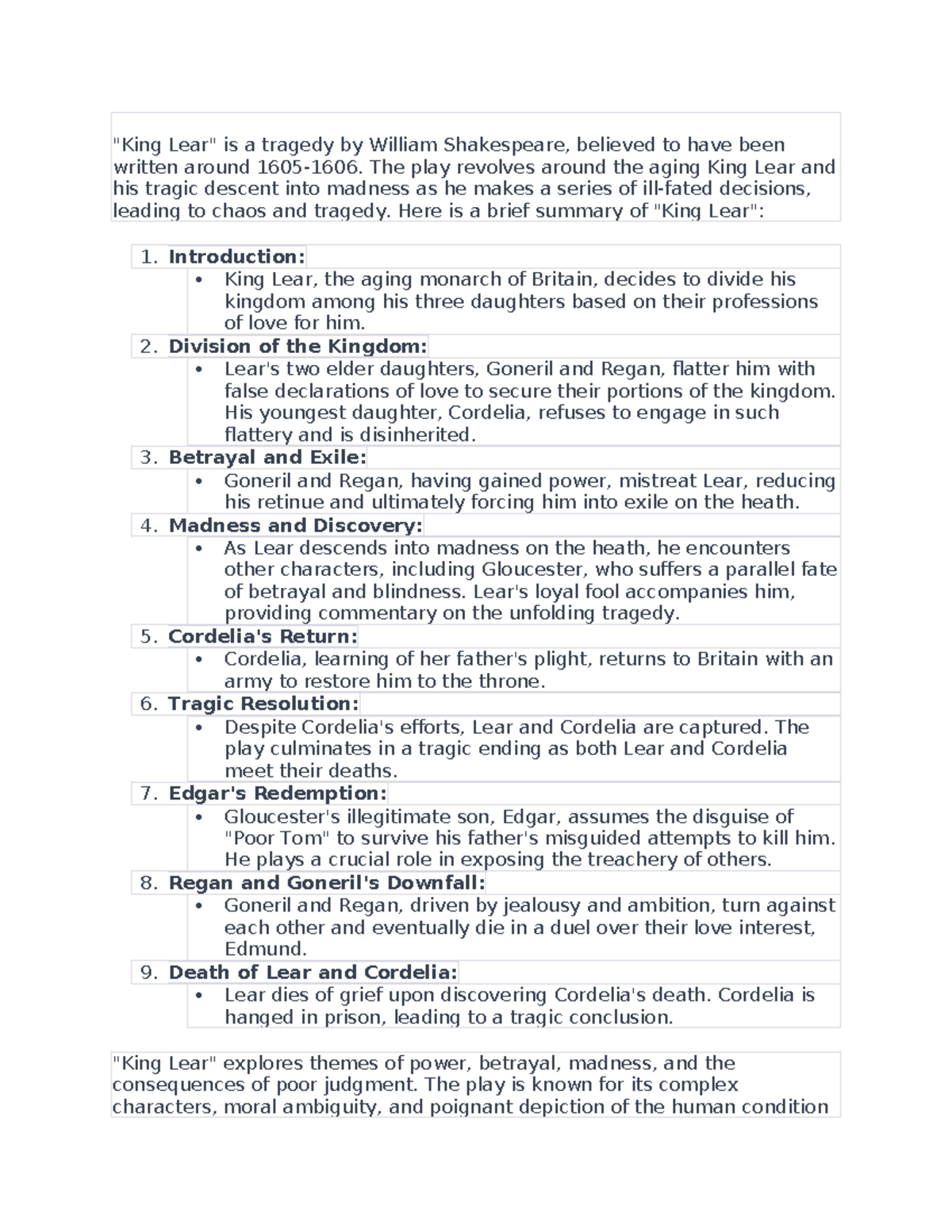 King Lear Summary - notes - "King Lear" is a tragedy by William ...