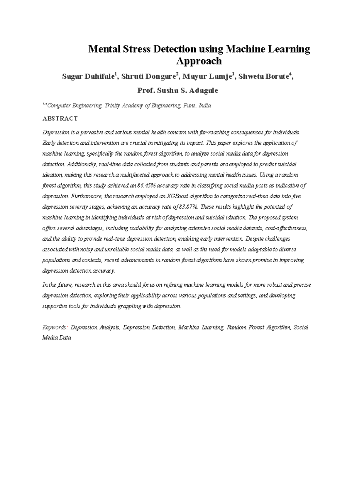Publish paper - Mental Stress Detection using Machine Learning Approach Sagar Dahifale 1 ...